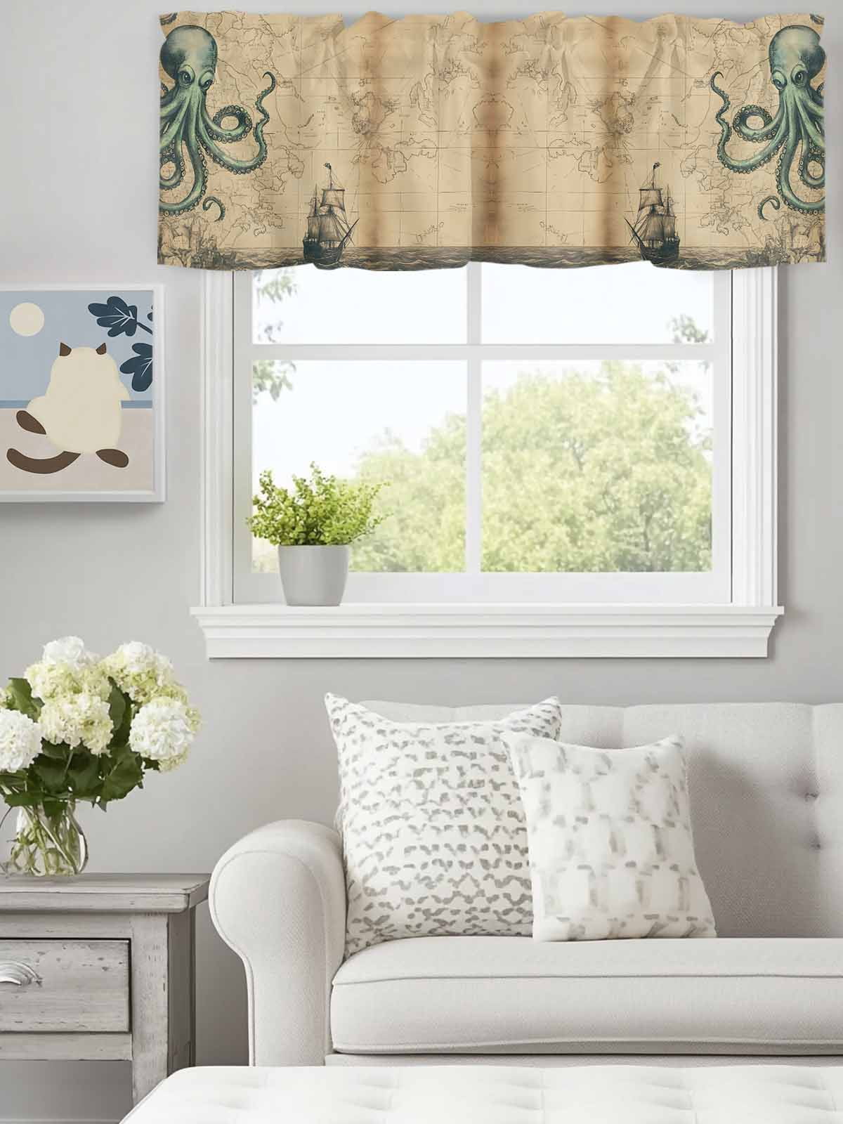 Curtain Valance for Windows, Vintage World Map Ocean Octopus Kitchen ...
