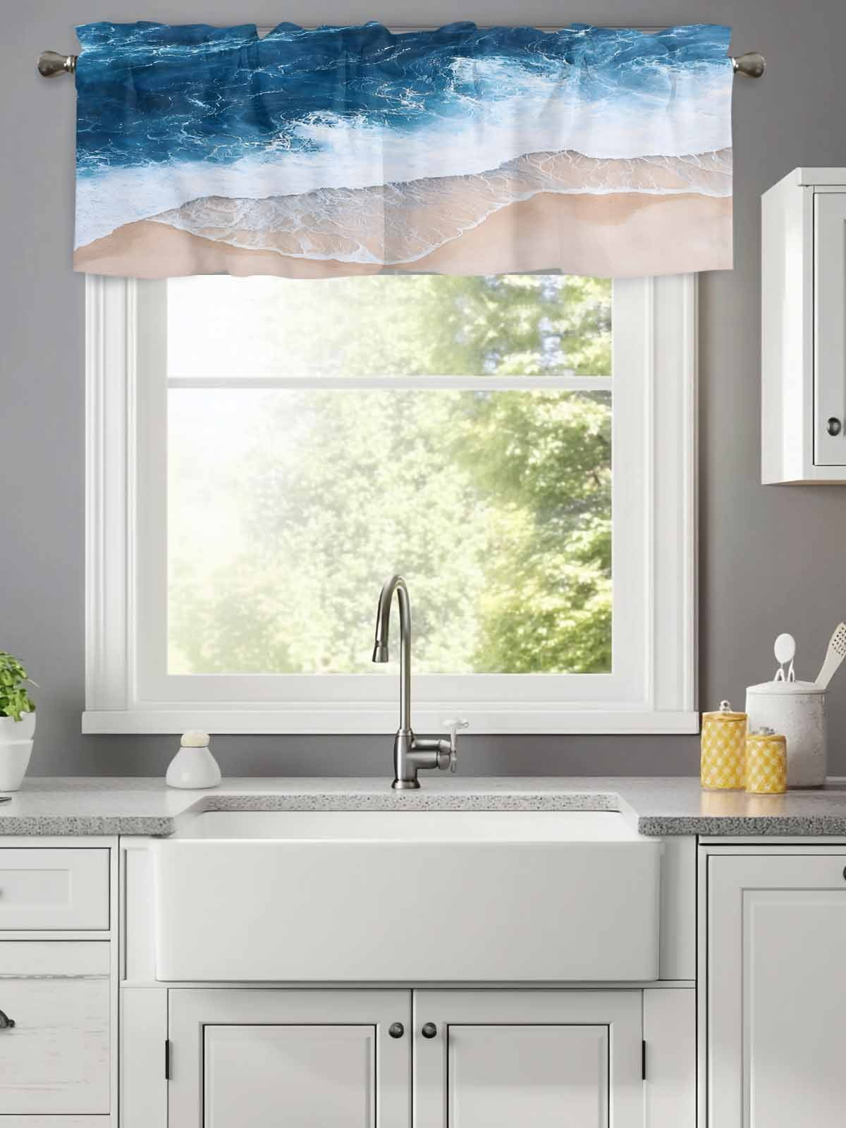 Curtain Valance for Windows,Watercolor Beach Sea Wave Kitchen Valances ...