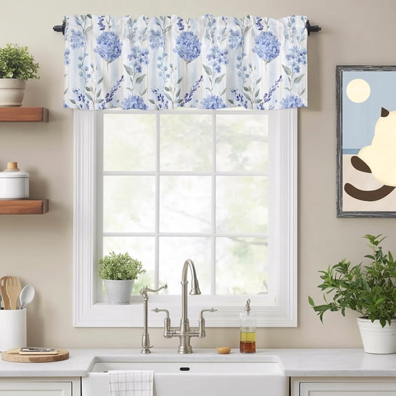 Curtain Valance for Windows, Watercolor Blossom Flower Blue Kitchen ...