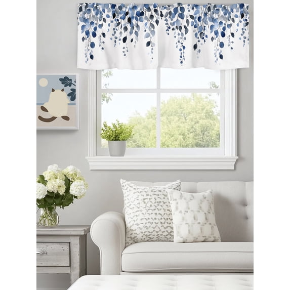 Curtain Valance for Windows, Watercolor Blue Botanical Leaves Kitchen ...