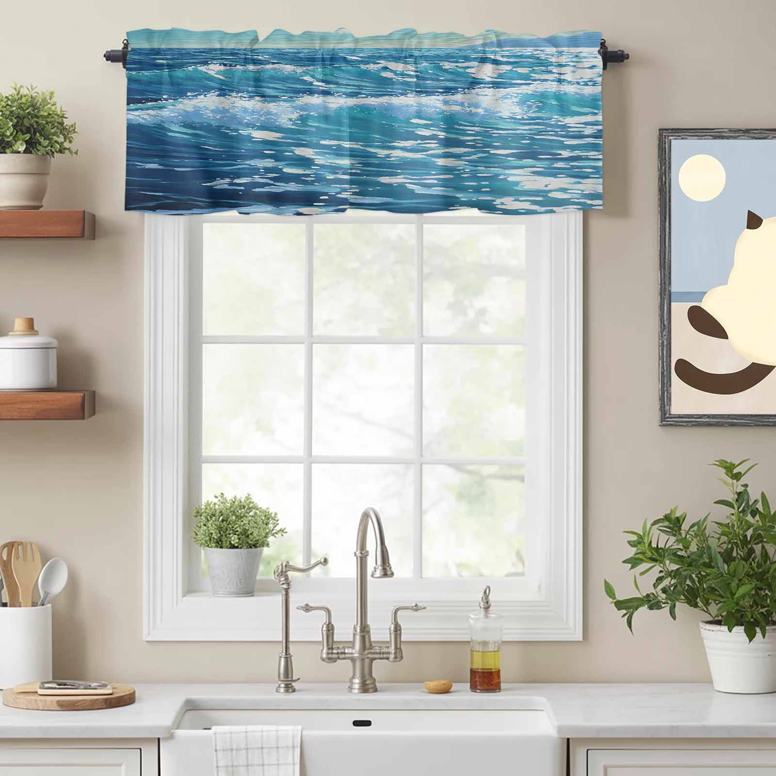 Curtain Valance for Windows, Watercolor Blue Ocean Waves Kitchen ...
