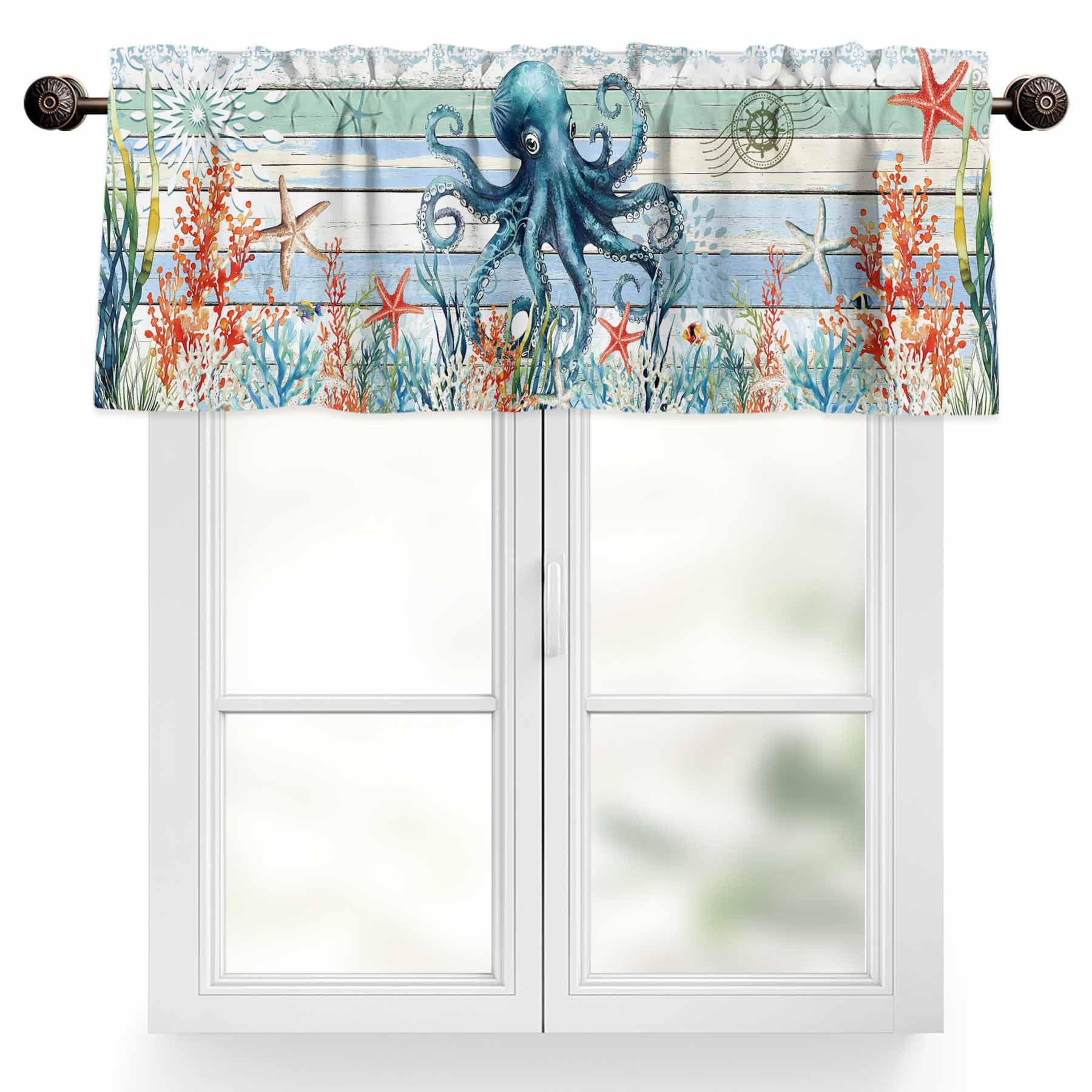 Curtain Valance for Windows Watercolor Blue Octopus Coral Rod Pocket ...