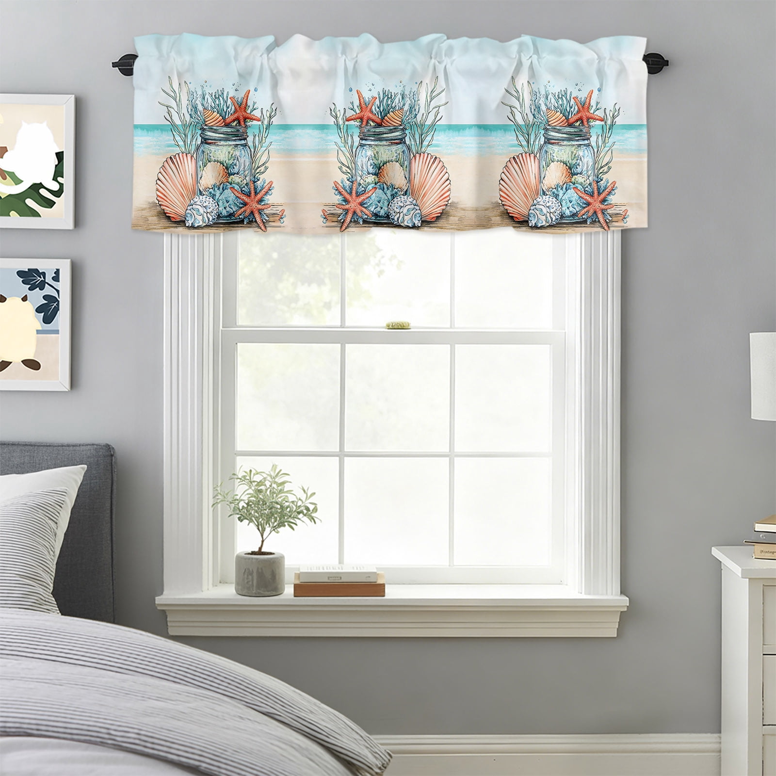 Curtain Valance for Windows, Watercolor Coral Shell Starfish Sea Water ...