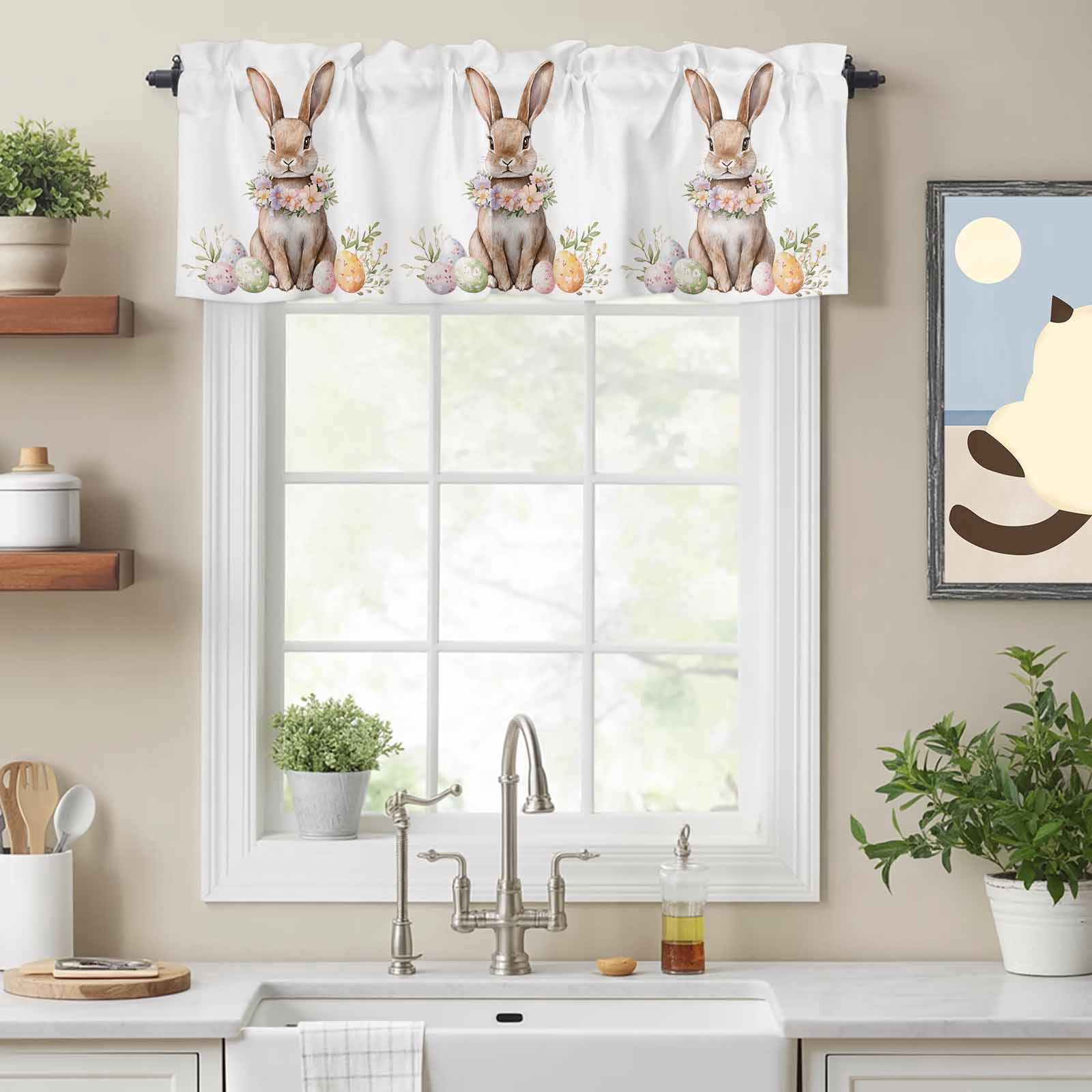 Curtain Valance for Windows, Watercolor Easter Egg Rabbit on White ...