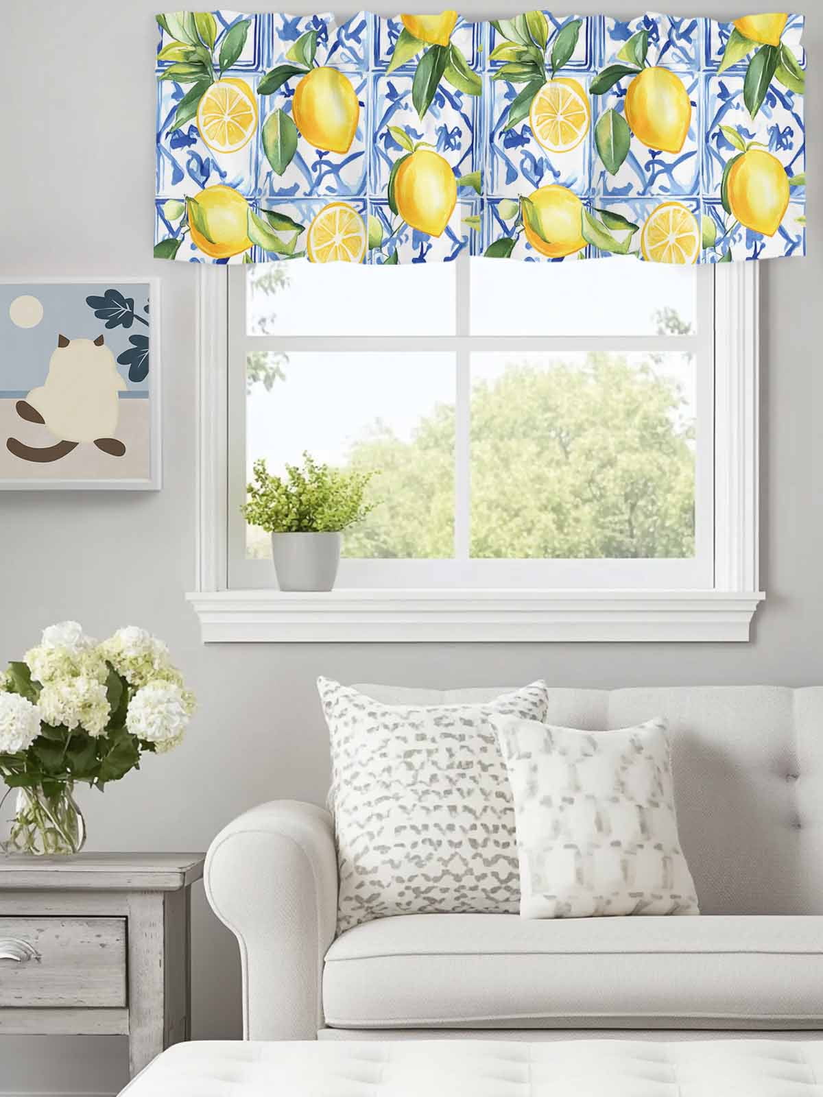 Curtain Valance for Windows, Watercolor Farm Lemon Green Leaves Kitchen ...