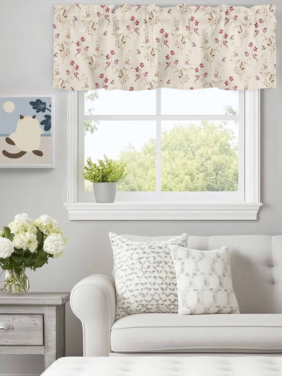 Curtain Valance for Windows, Watercolor Flower Branch and Bird Kitchen ...