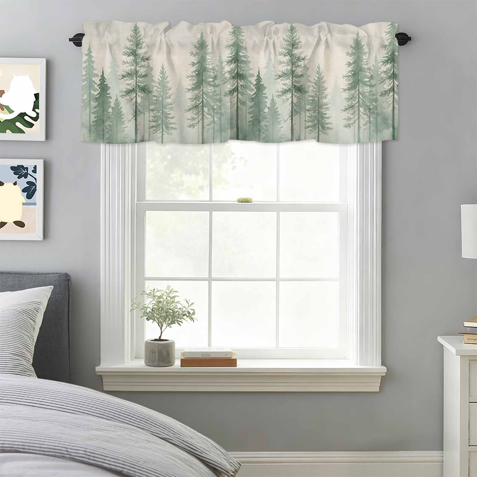 Curtain Valance for Windows, Watercolor Green Tree Retro Linen Kitchen ...