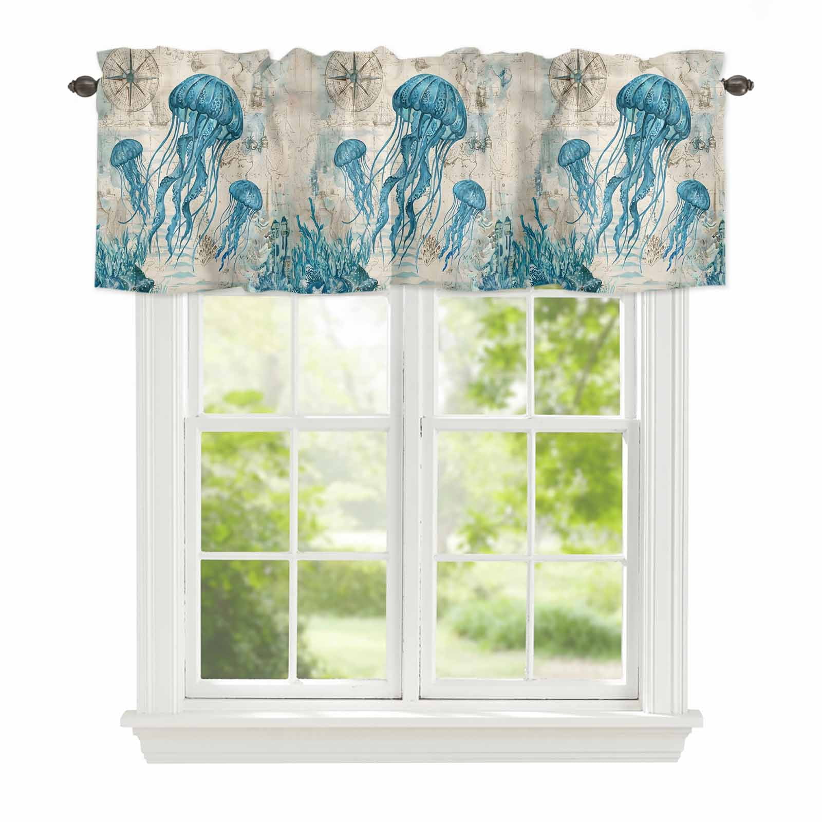 Curtain Valance for Windows, Watercolor Jellyfish Seaweed Coral Kitchen ...