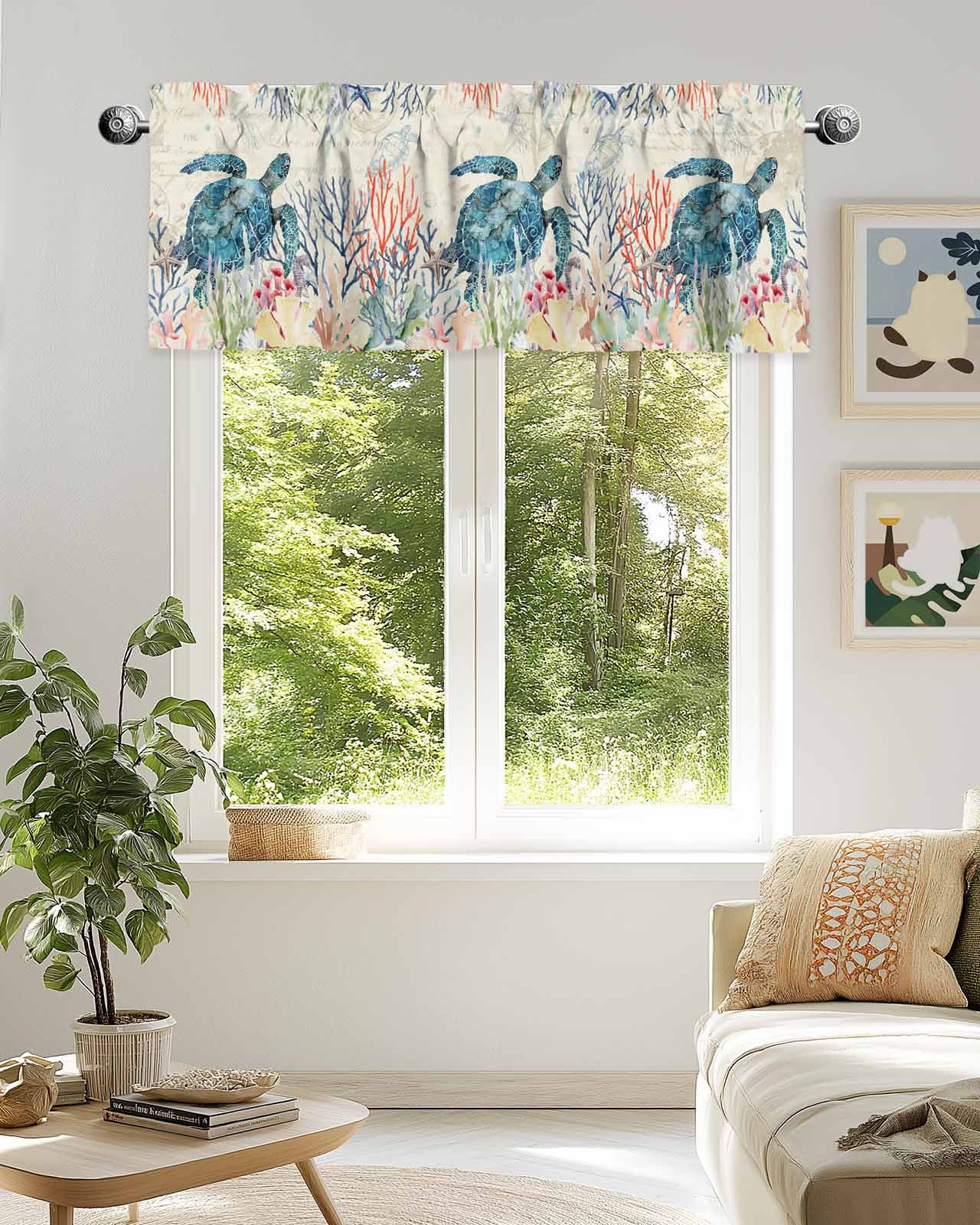 Curtain Valance for Windows,Watercolor Marine Sea Turtle Kitchen ...