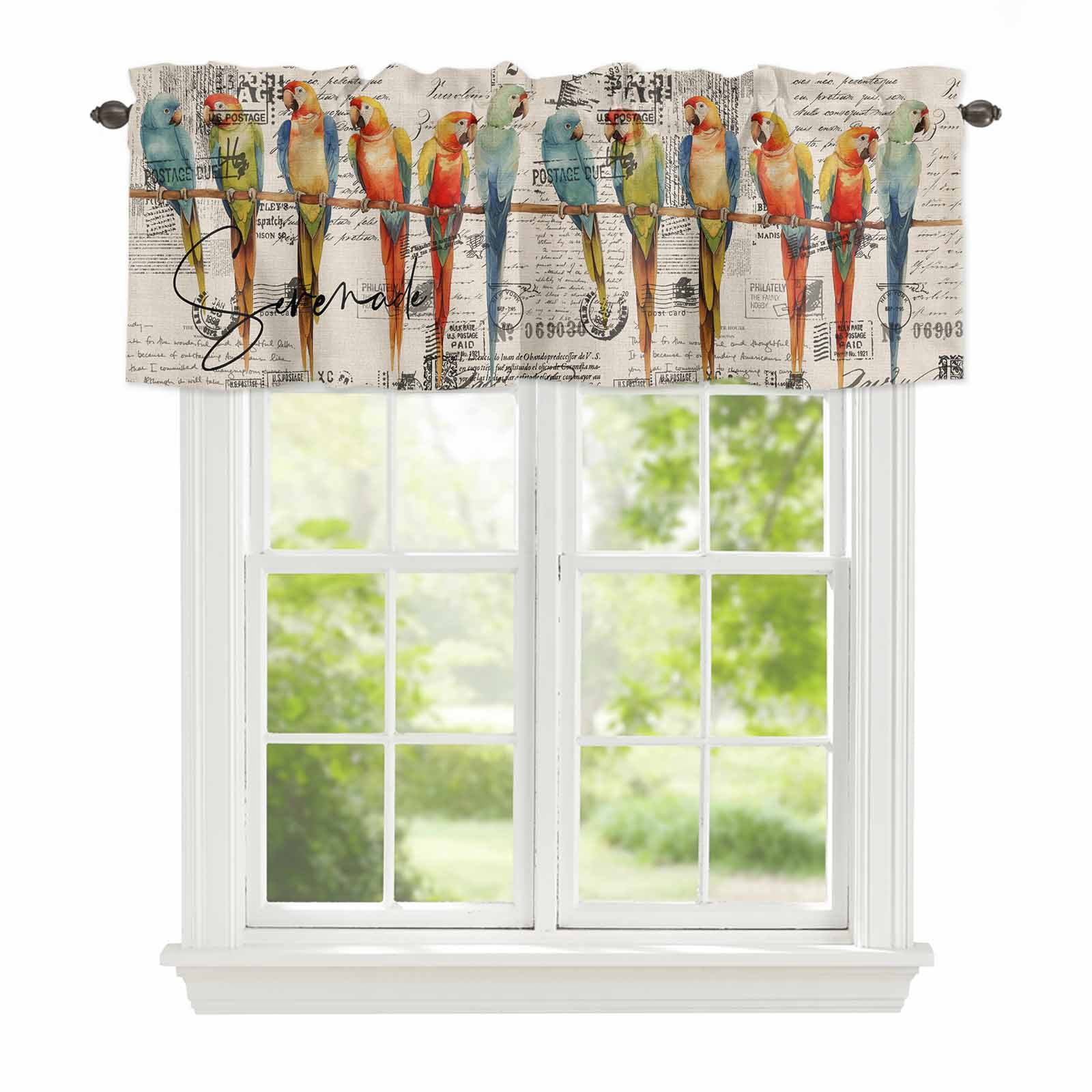 Curtain Valance for Windows, Watercolor Parrot Bird on Burlap Kitchen ...