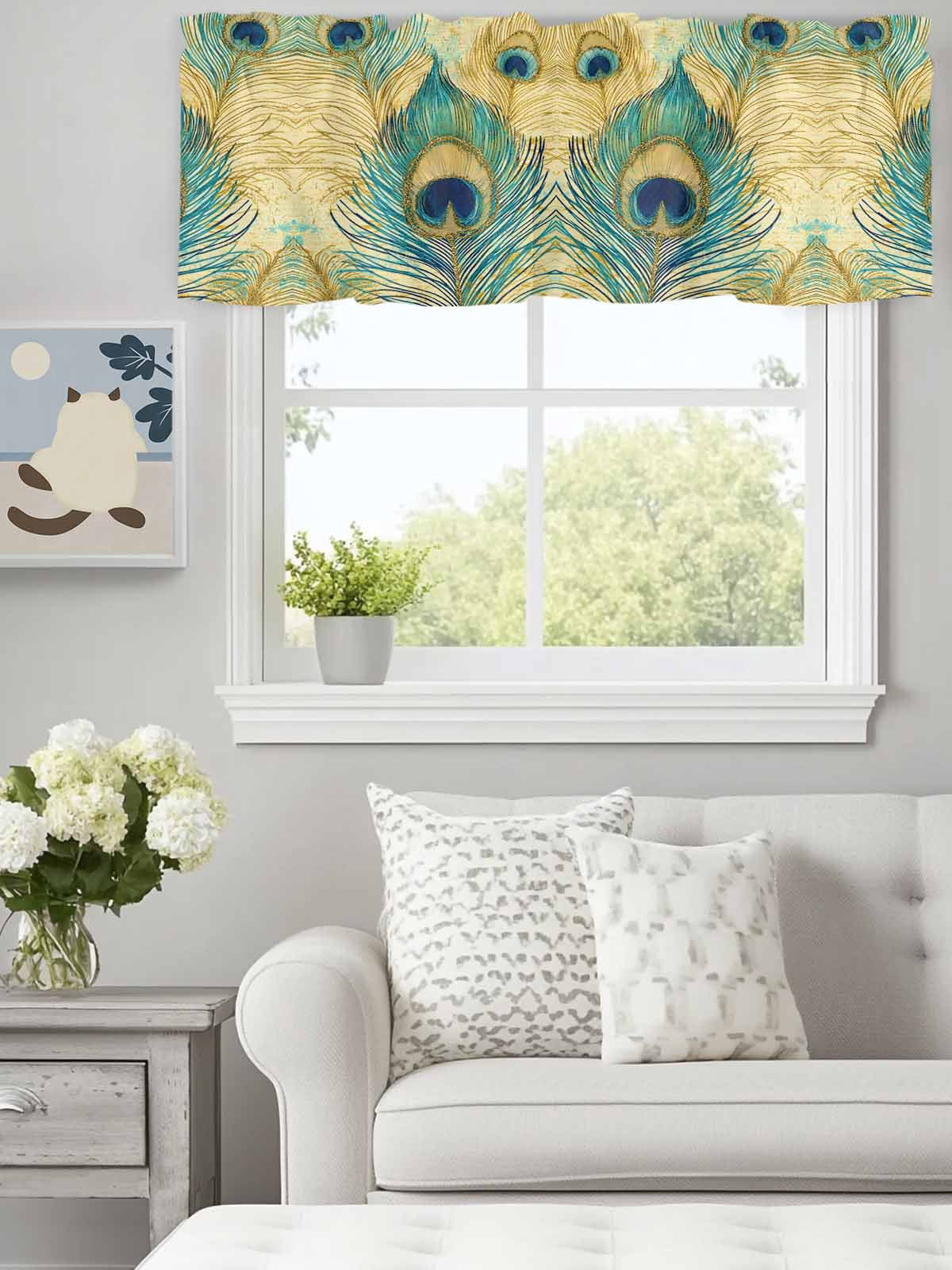 Curtain Valance for Windows, Watercolor Peacock Feathers on Vintage ...