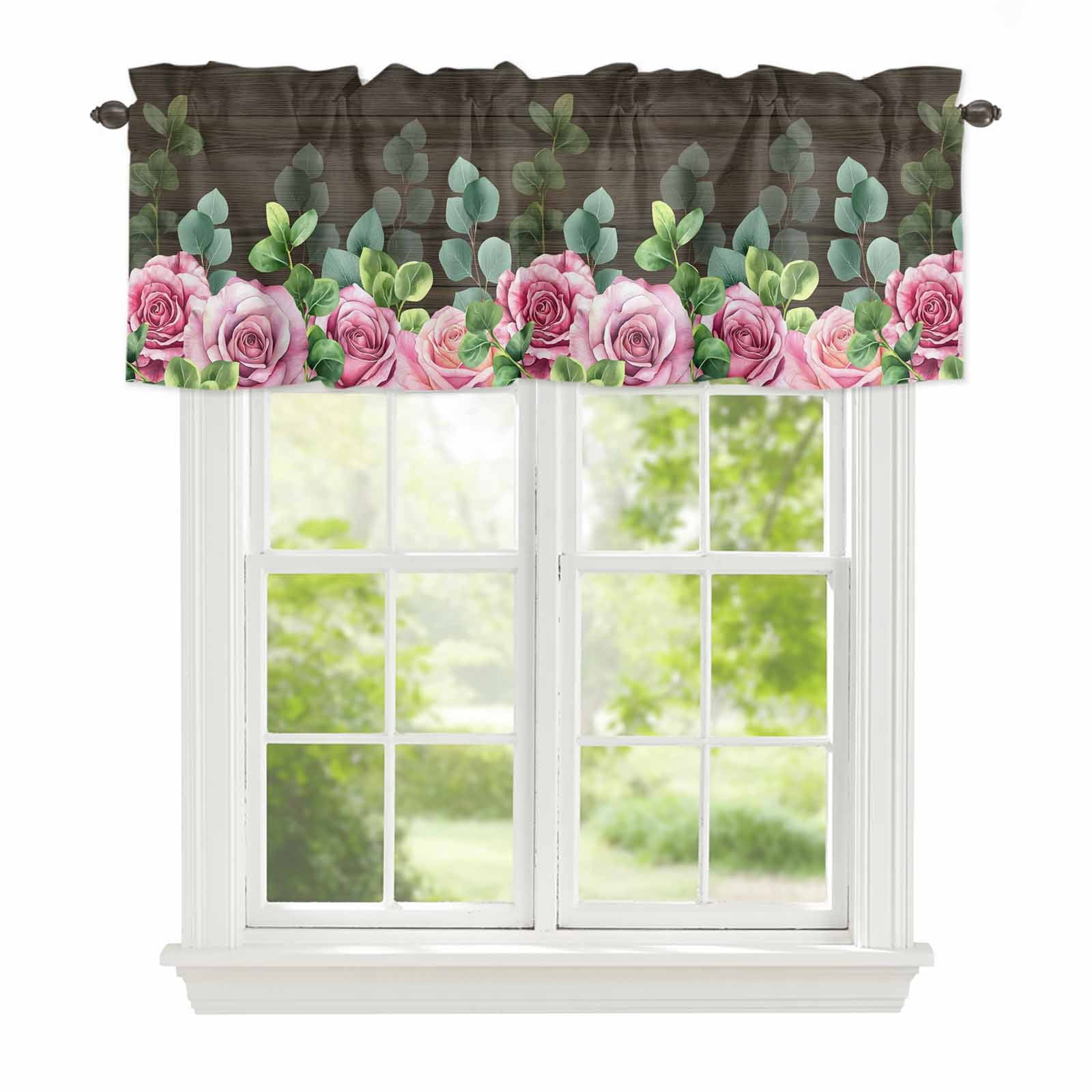 Curtain Valance for Windows, Watercolor Pink Roses Green Jugal Leaves ...