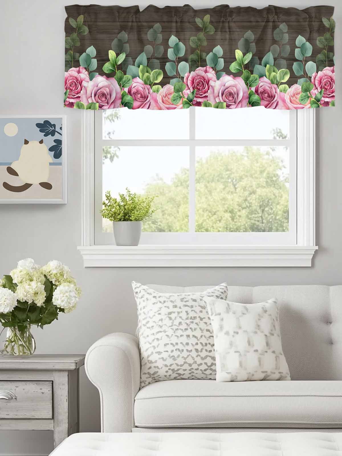 Curtain Valance for Windows, Watercolor Pink Roses Green Jugal Leaves ...