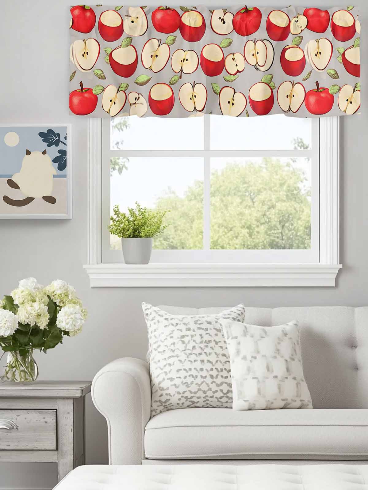 Curtain Valance for Windows, Watercolor Red Apples Kitchen Valances Rod ...