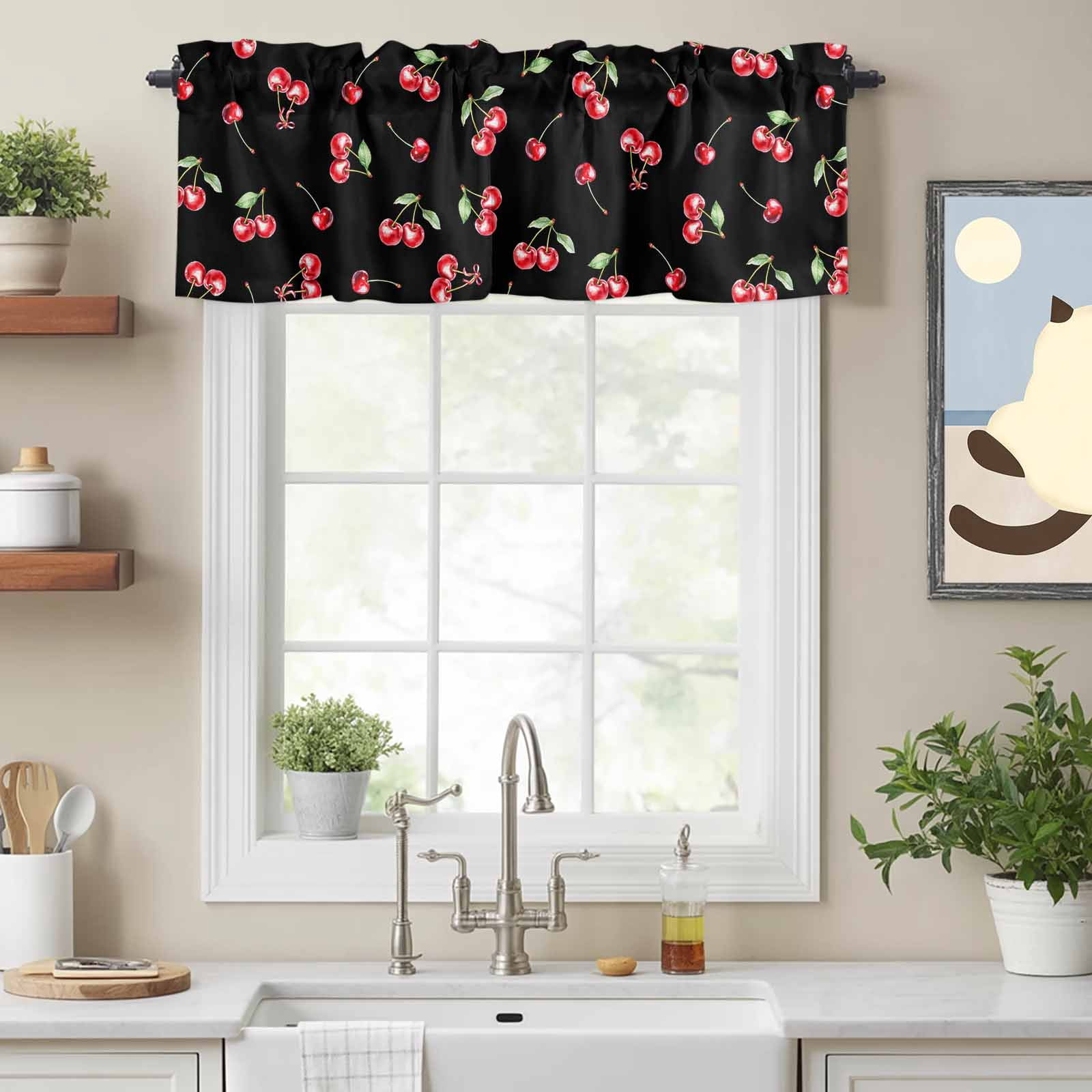 Curtain Valance for Windows, Watercolor Red Cherry on Black Kitchen ...