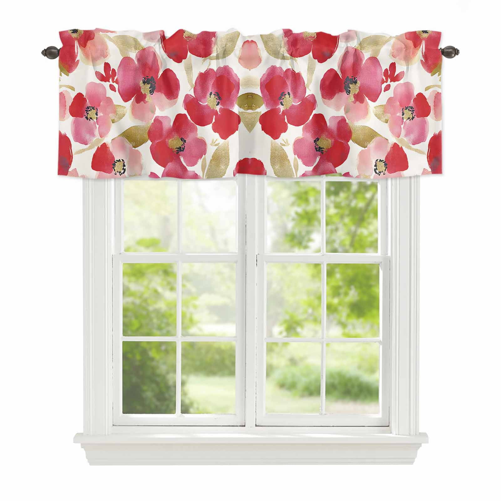 Curtain Valance for Windows, Watercolor Red Flower Petals on White ...