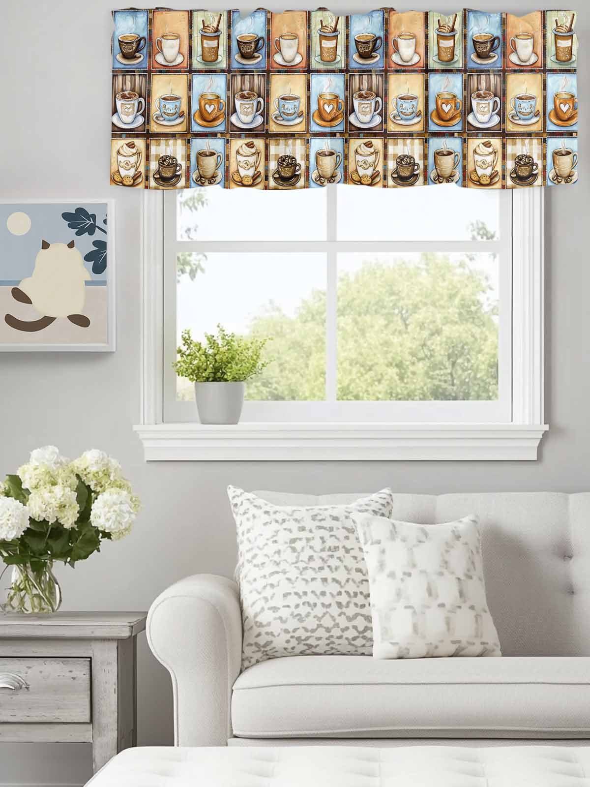 Curtain Valance for Windows, Watercolor Retro Coffee Theme Kitchen ...