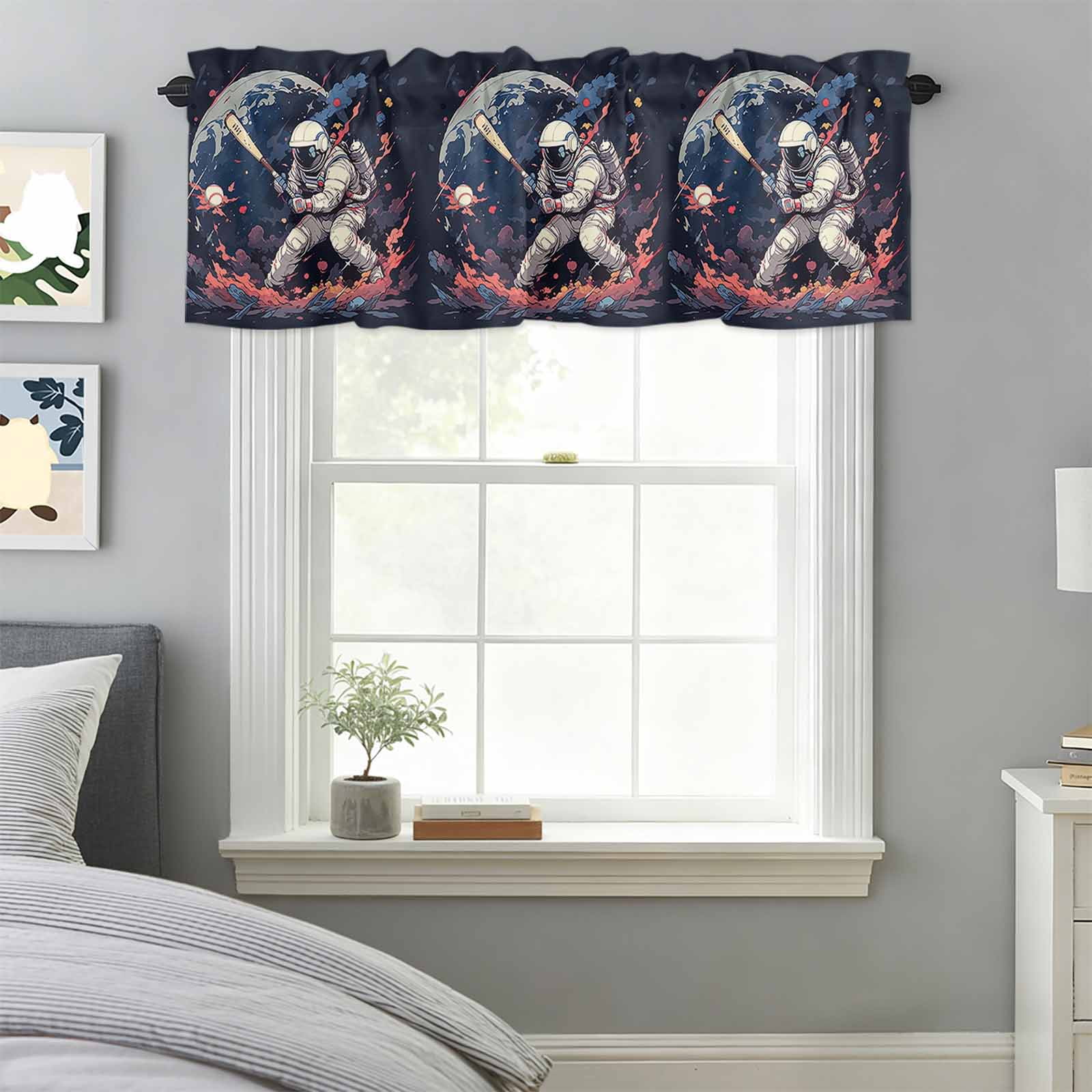 Curtain Valance for Windows, Watercolor Space Man Baseball Sport ...