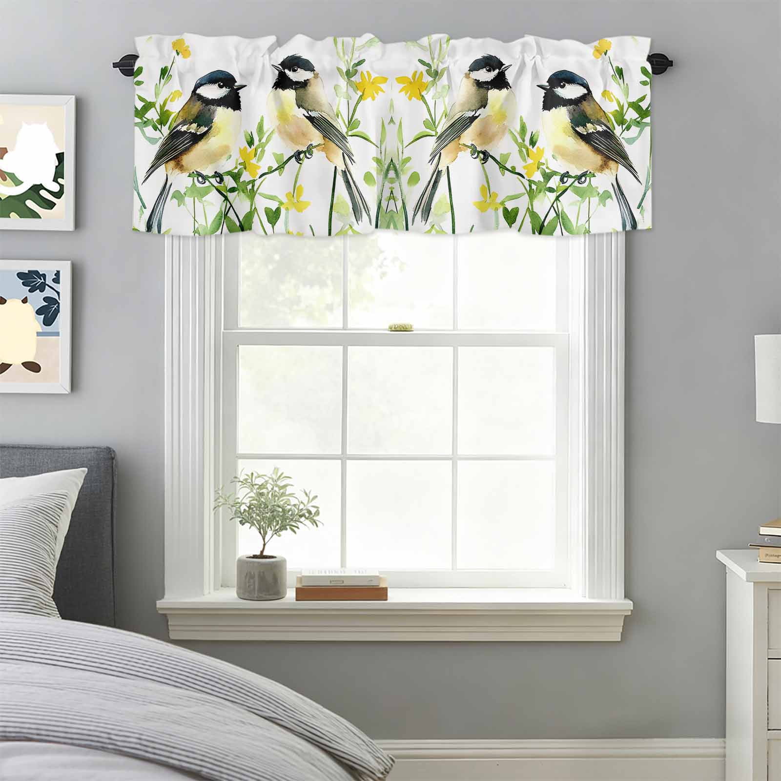 Curtain Valance for Windows, Watercolor Spring Bird on Branch Kitchen ...