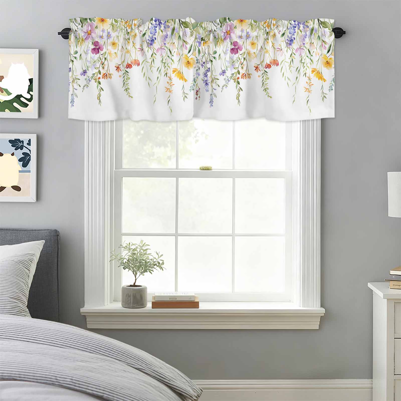 Curtain Valance for Windows, Watercolor Spring Flower Leaves Kitchen ...