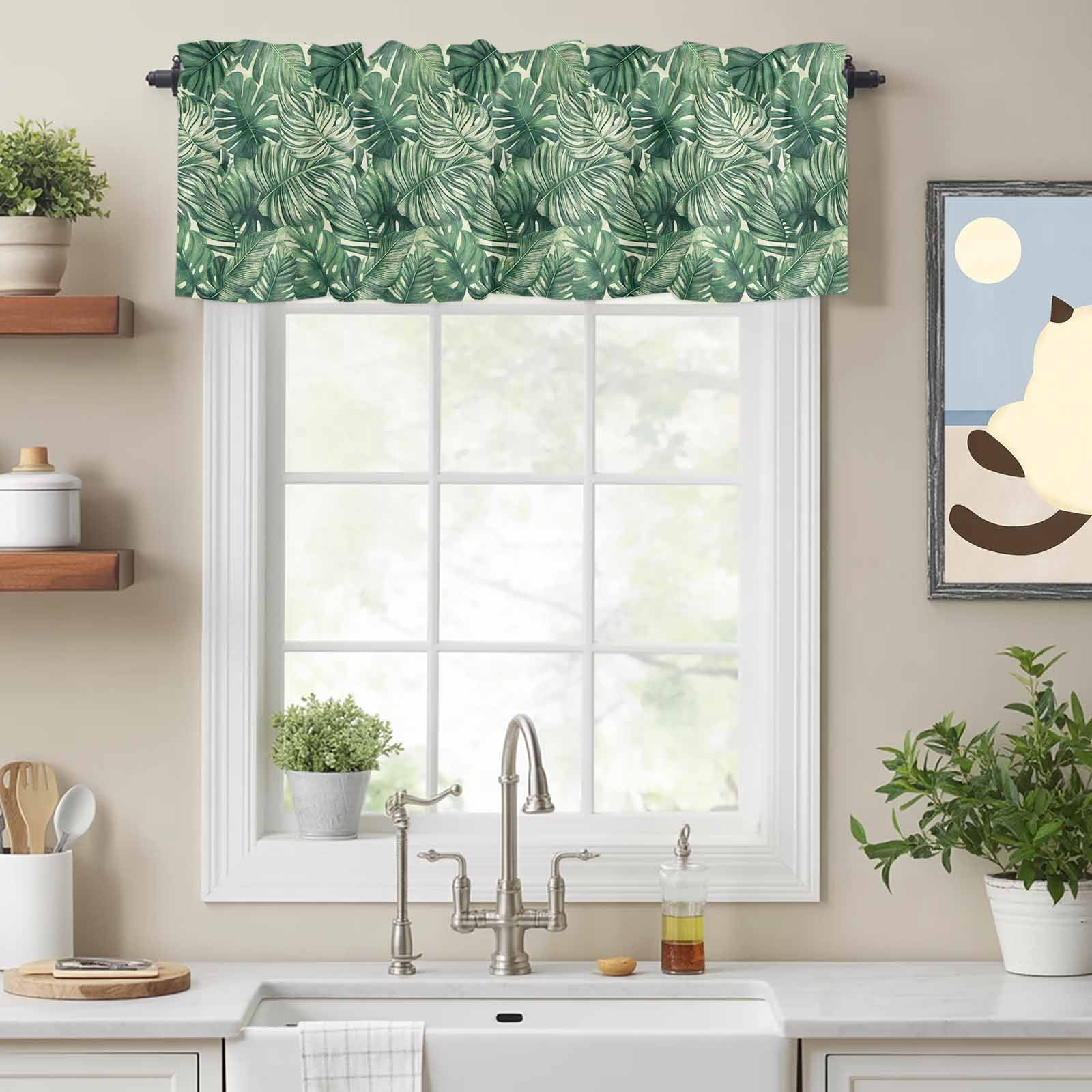 Curtain Valance for Windows, Watercolor Tropical Plant Leaf Kitchen ...
