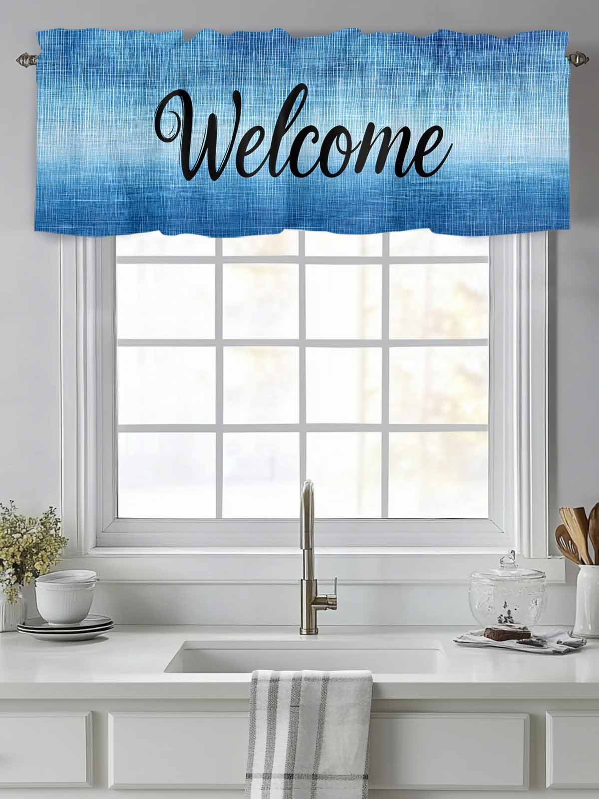 Curtain Valance for Windows,Welcome Quote Dark Blue Gradient Kitchen ...