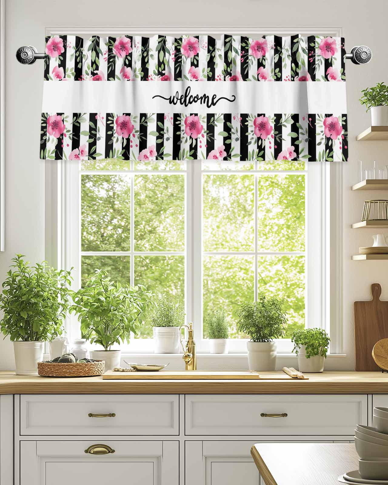 Curtain Valance for Windows,Welcome Words Pink Flowers Kitchen Valances ...