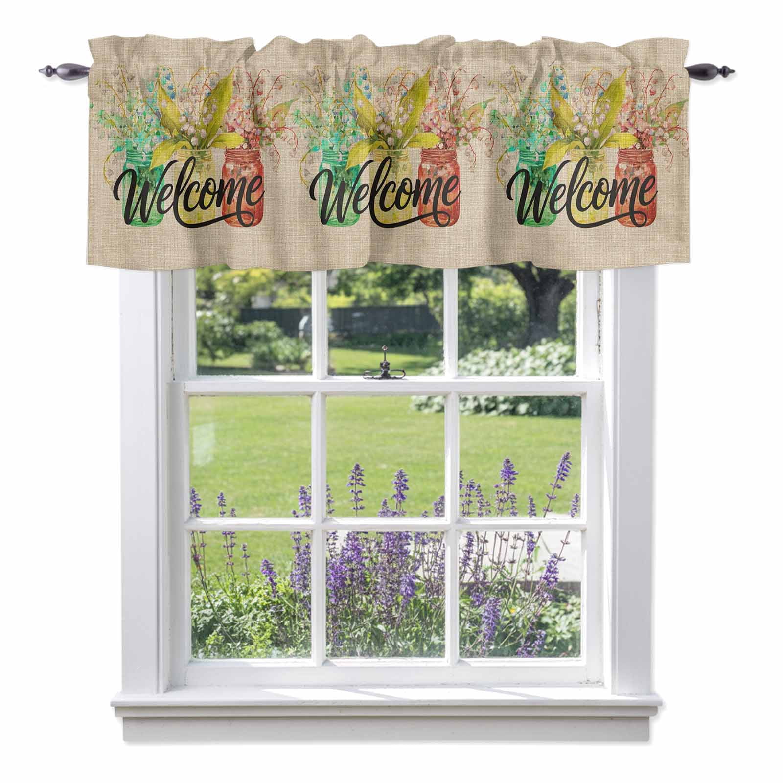 Curtain Valance for Windows, Welcome Words on Retro Linen Kitchen ...