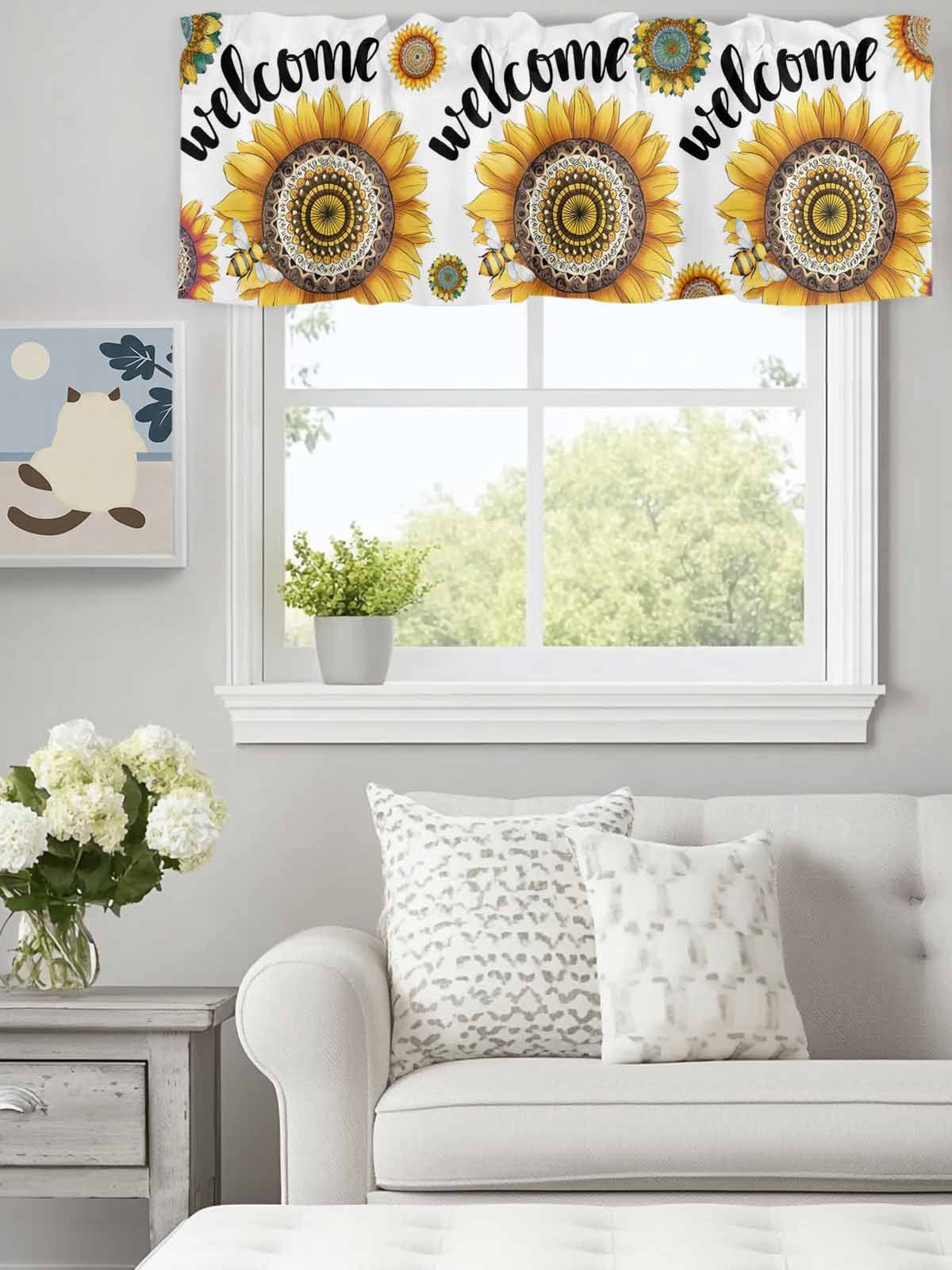Curtain Valance for Windows, Welcome Words Sunflowers Bee Kitchen ...