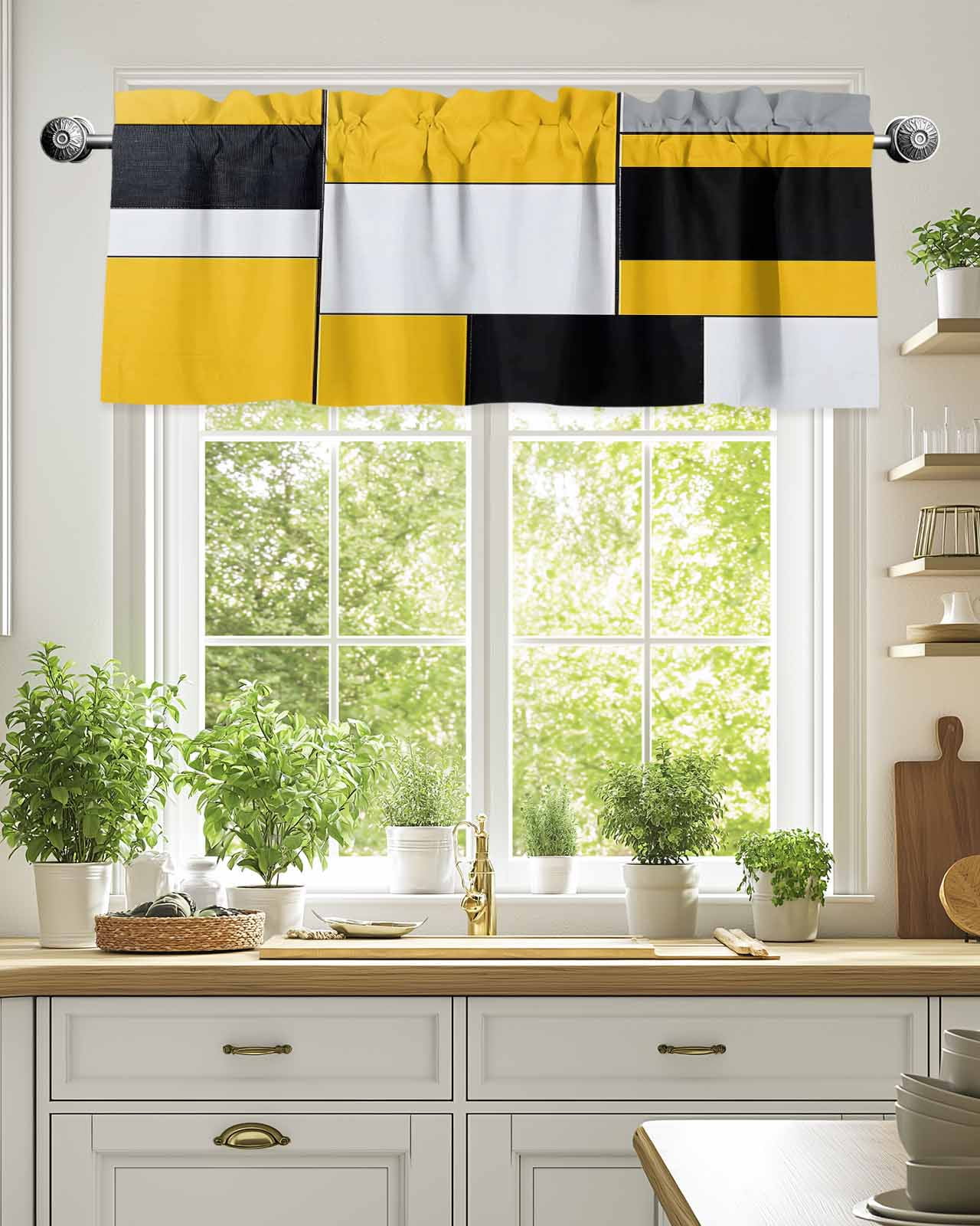 Curtain Valance for Windows,White Black Yellow Patchwork Kitchen ...