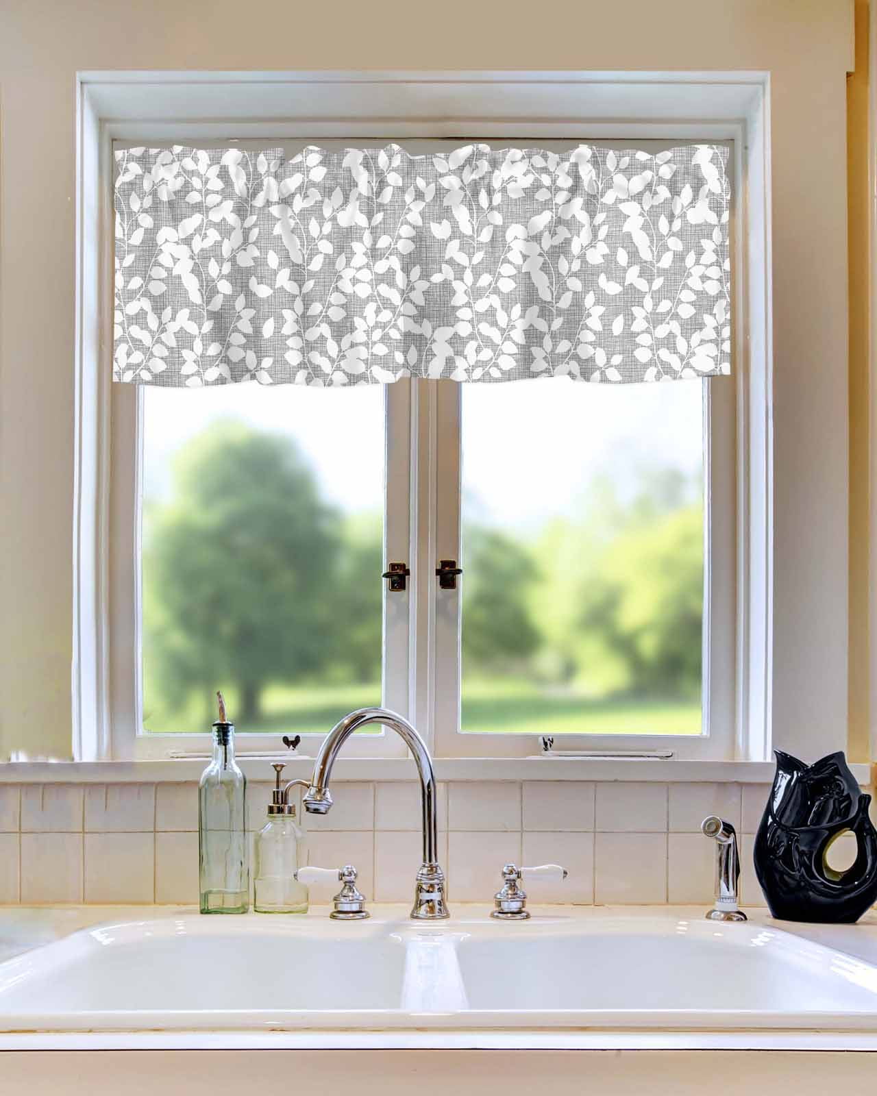 Curtain Valance for Windows White Leaves Vines Seamless Kitchen ...