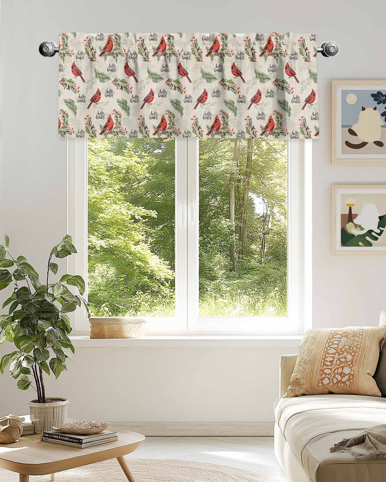 Curtain Valance for Windows,Winter Cardinal Leaf Berry Kitchen Valances ...