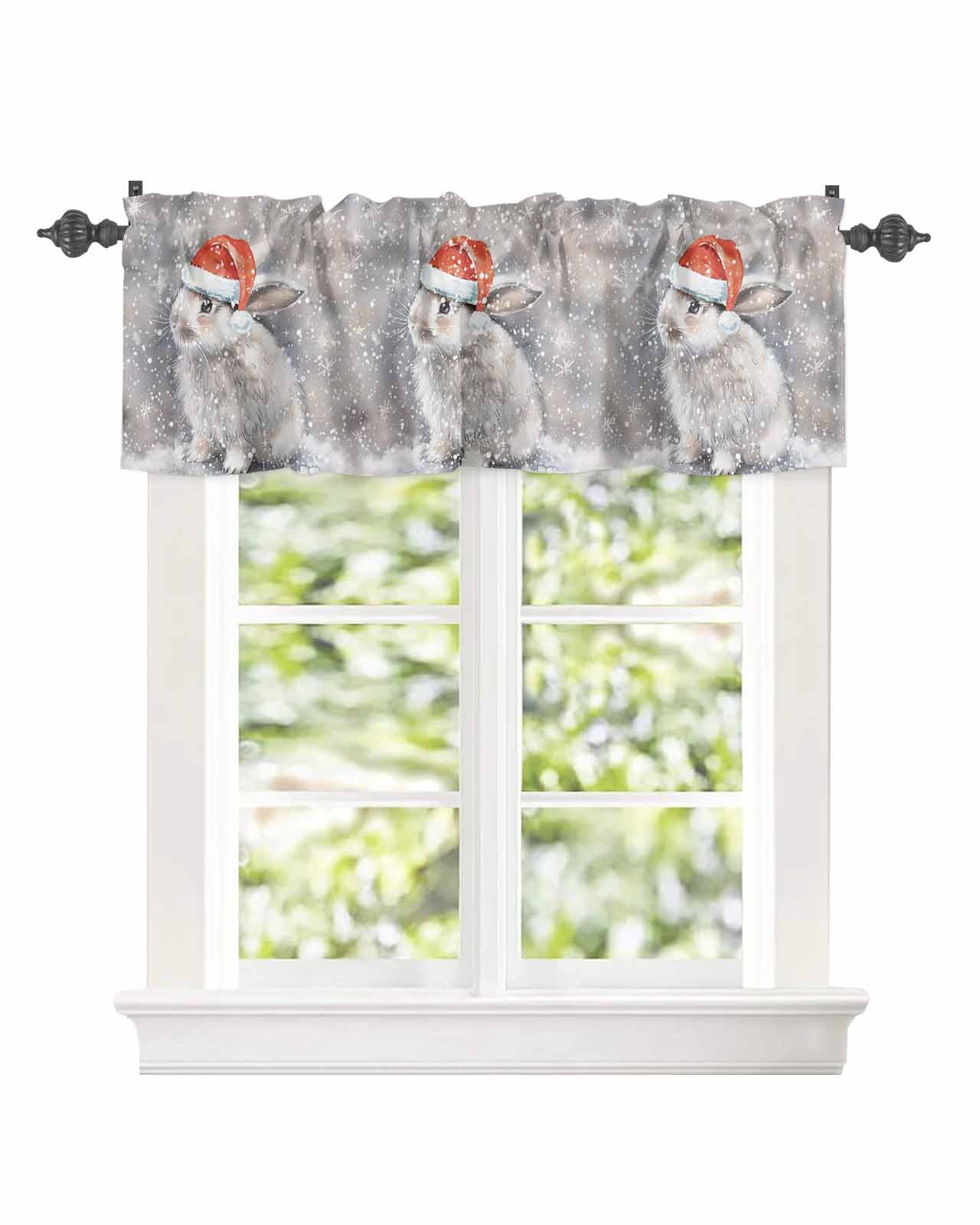 Curtain Valance for Windows Winter Christmas Cute Santa Rabbit Kitchen ...