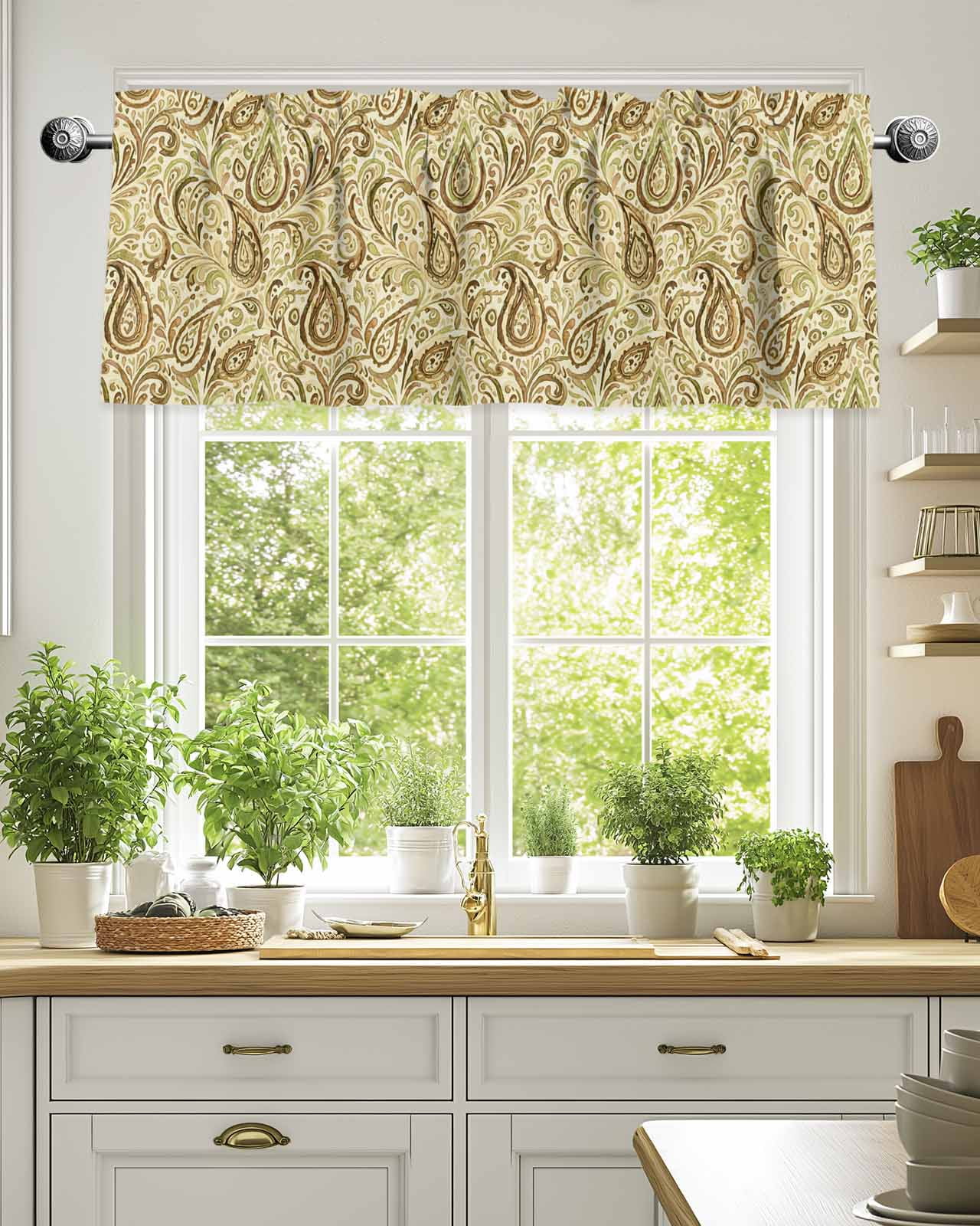 Curtain Valance for Windows,Yellow Green Paisley Floral Kitchen ...