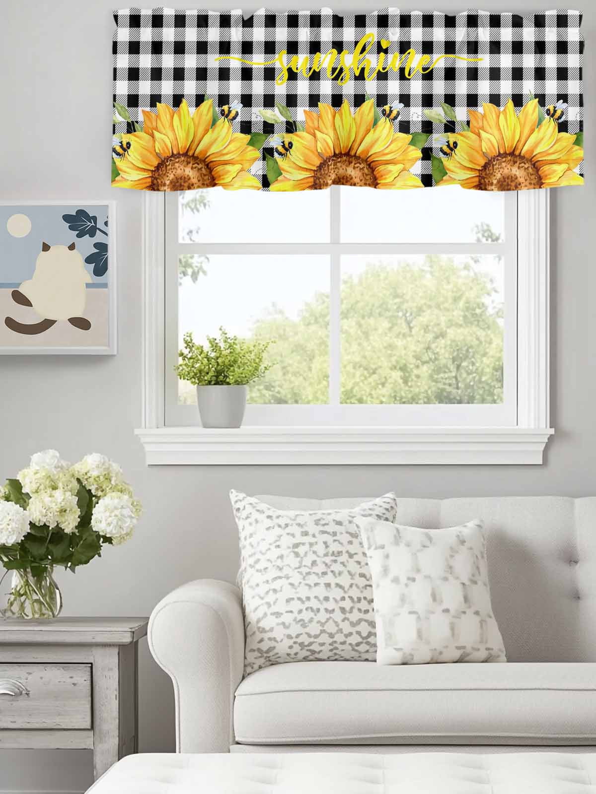 Curtain Valance for Windows,Yellow Sunflower Sunshine Black White ...