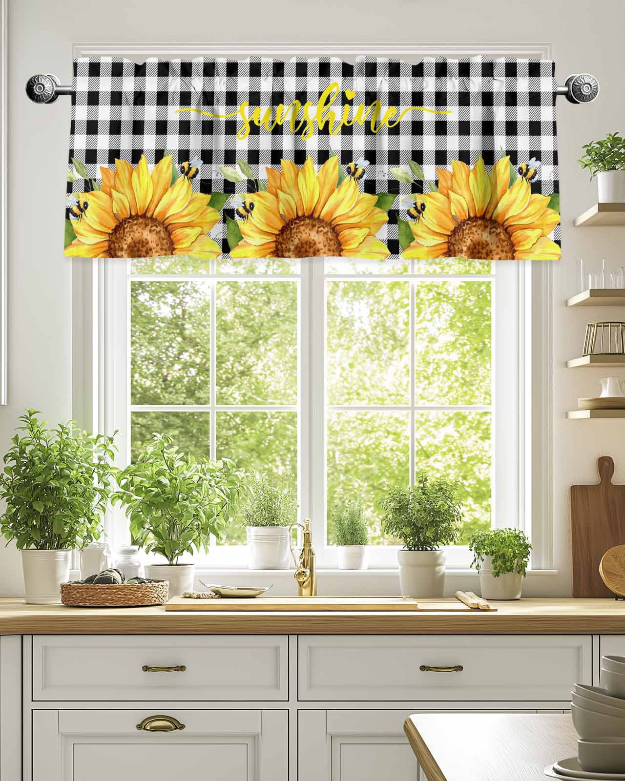 Curtain Valance for Windows,Yellow Sunflower Sunshine Black White ...