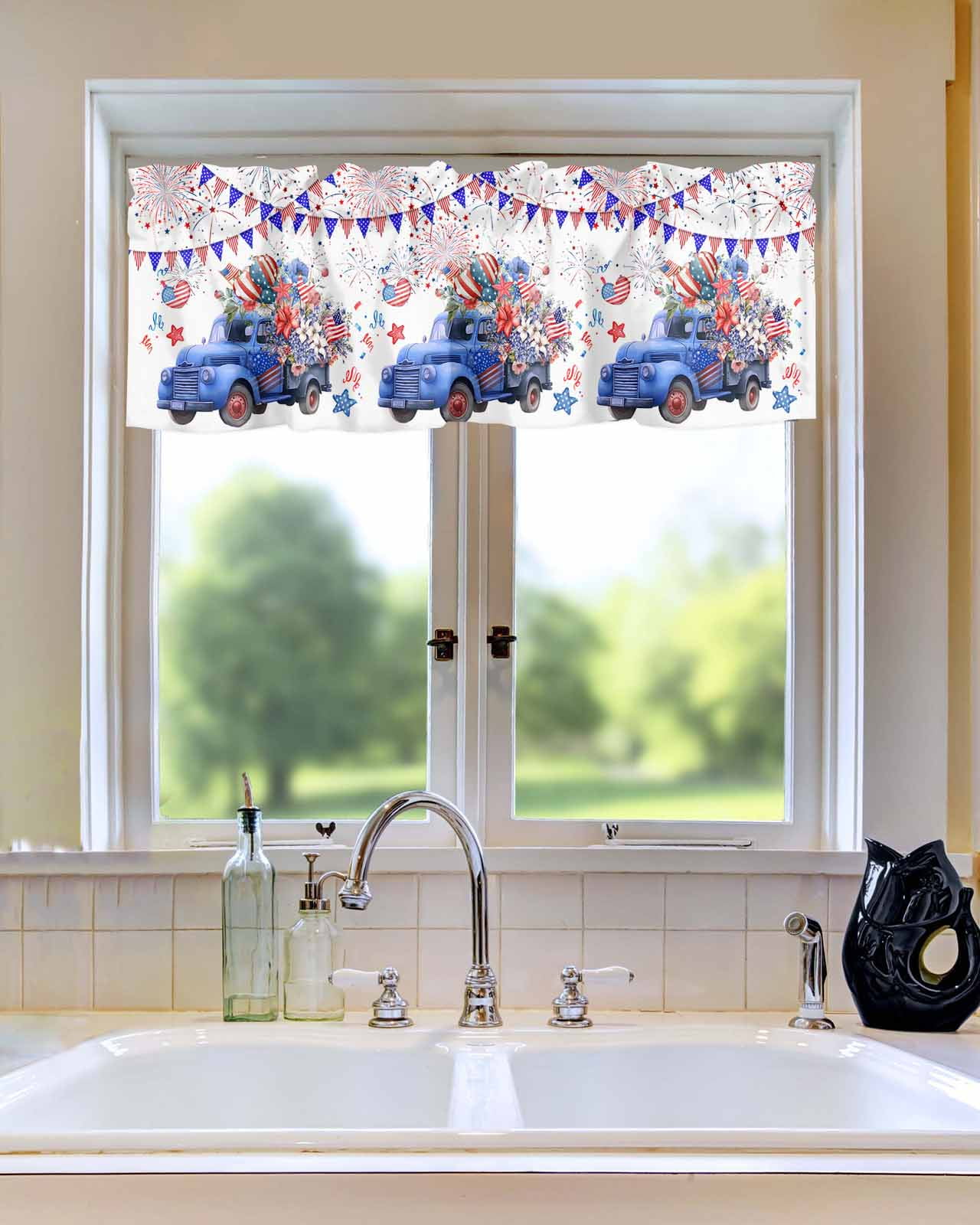 Curtain Valance for Windows4th of July Watercolor Truck with Floral ...