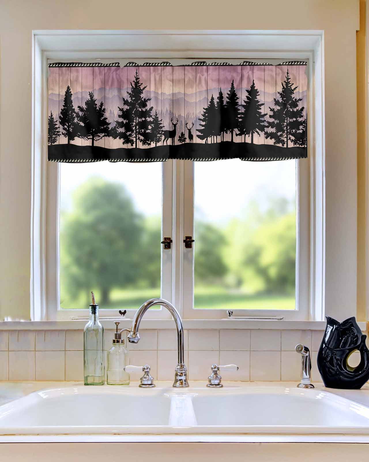 Curtain Valance for WindowsBlack Deer Forest Silhouette Kitchen ...