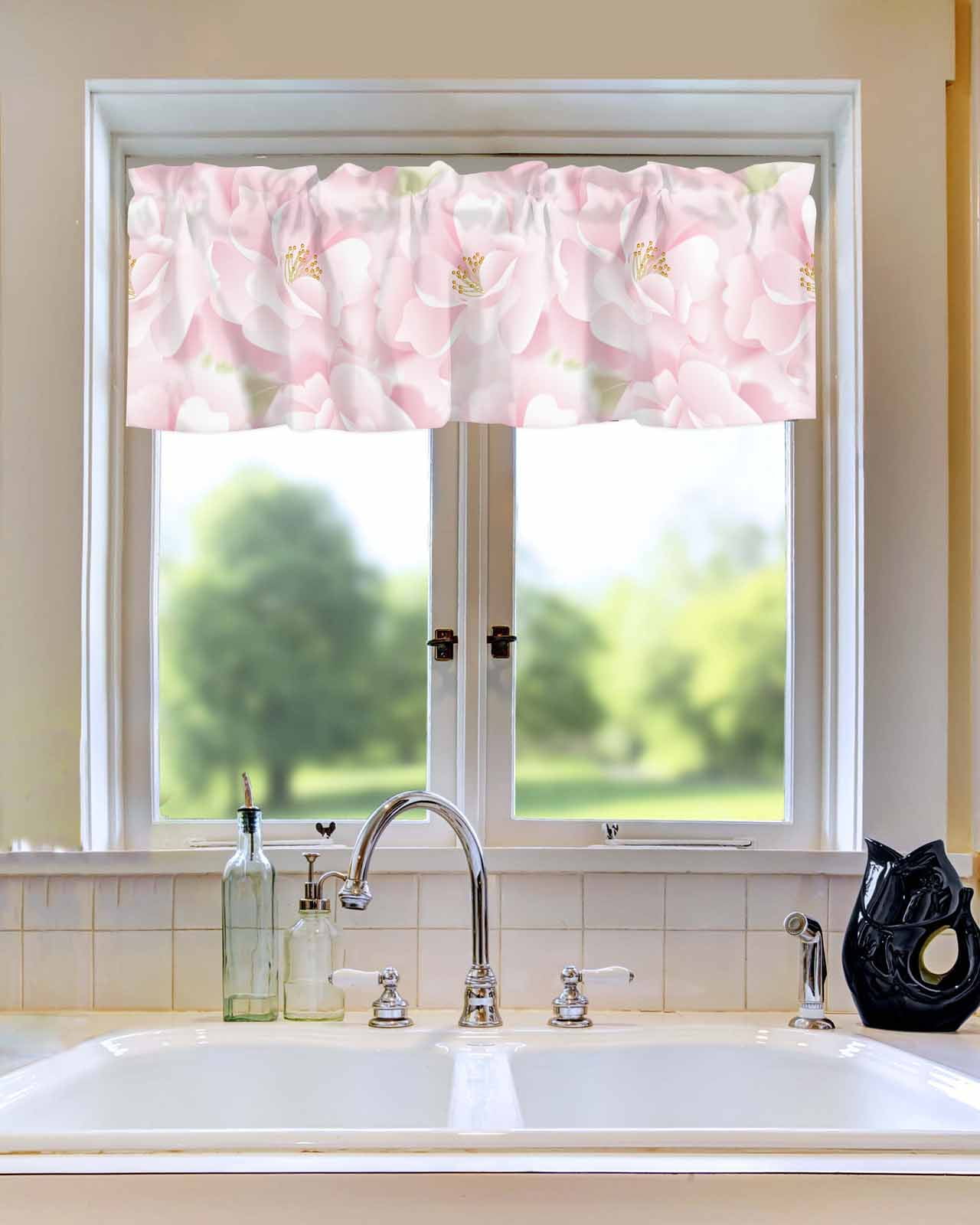 Curtain Valance for WindowsRomantic Pink Blooming Rose Flowers Kitchen ...