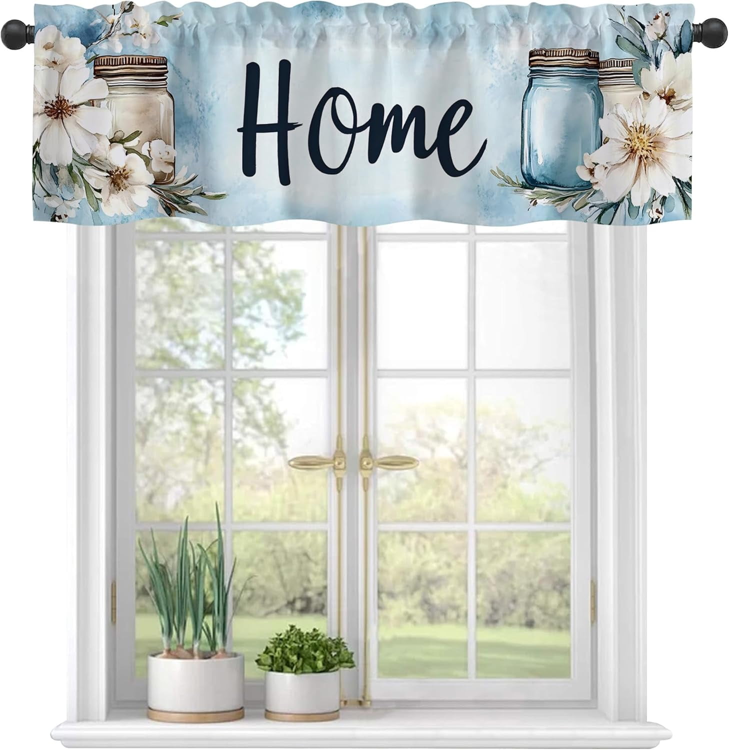 Curtain Valances,Home White Flower Glass Jar Semi Sheer Kitchen Windows ...