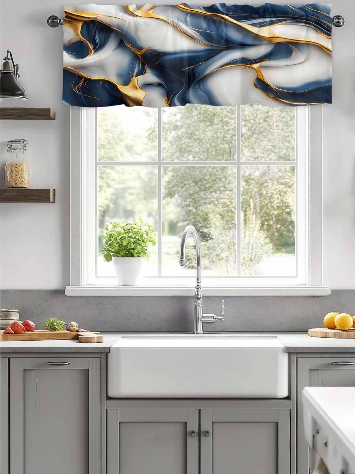 Curtain Valances for Kitchen,Abstract Marble Dark Blue Gradient Window ...