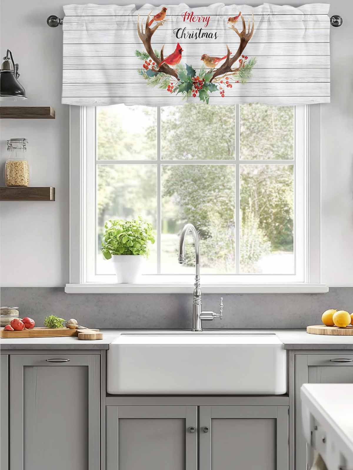 Curtain Valances for Kitchen,Antlers Christmas Cardinal Bird Red Berry ...