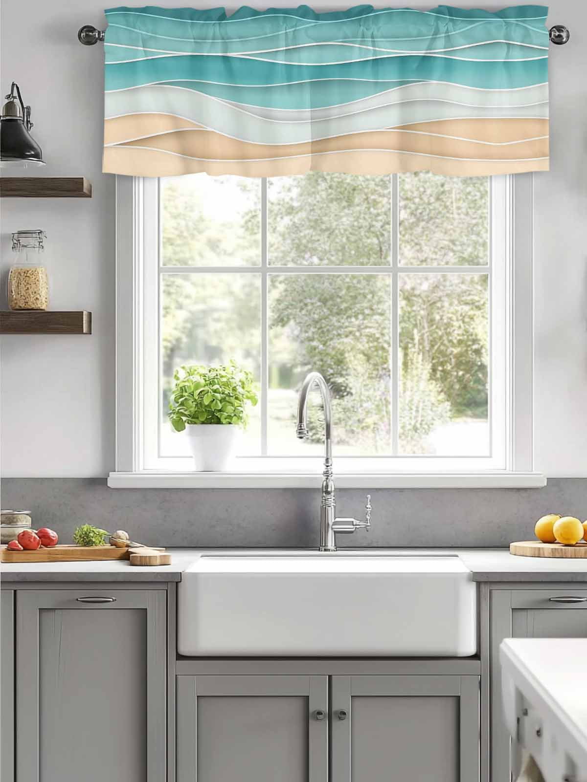 Curtain Valances for Kitchen,Blue Beige Water Ripple Window Valance 1 ...