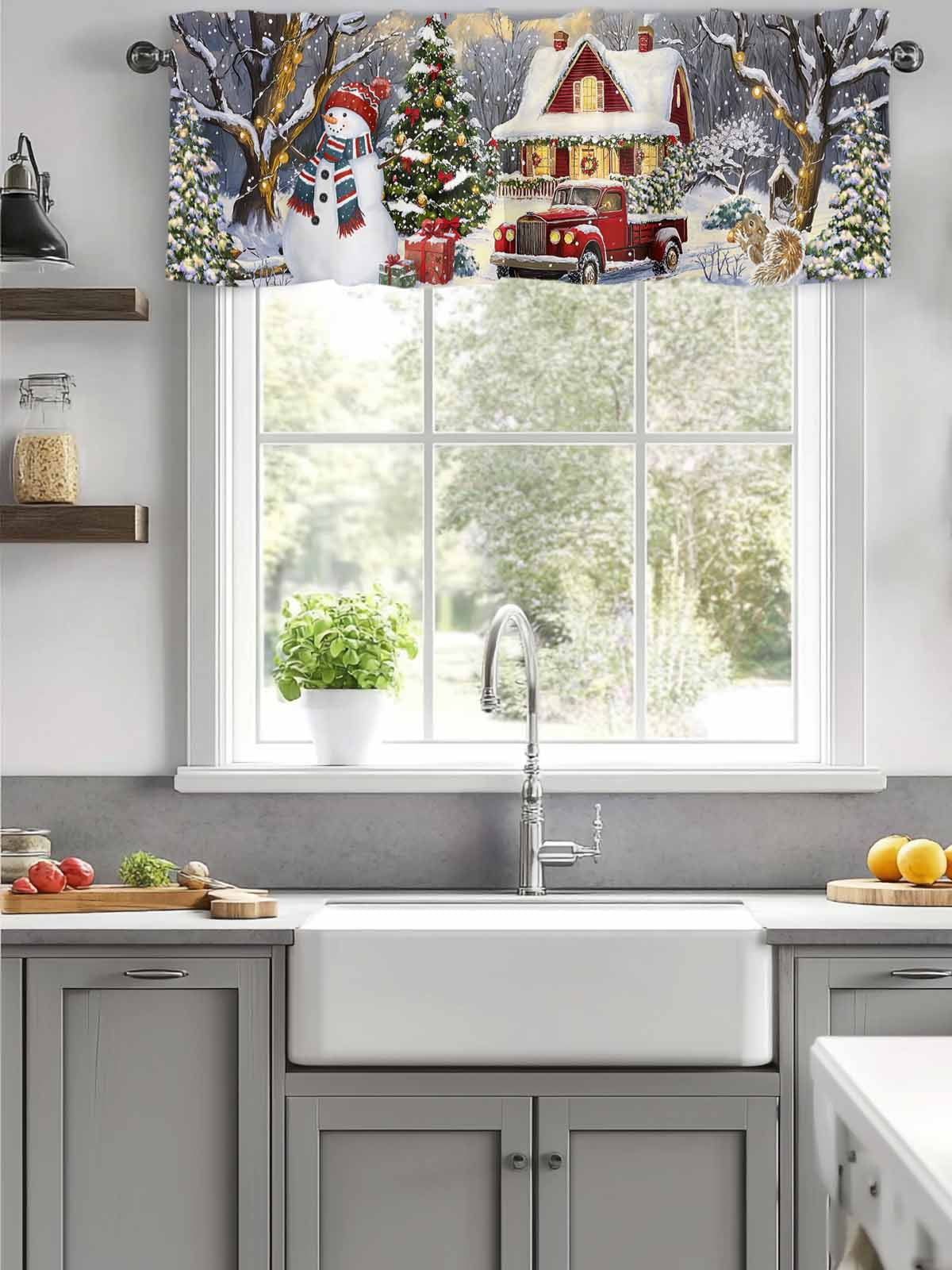 Curtain Valances for Kitchen,Christmas Snowman Pine Tree Red Truck ...
