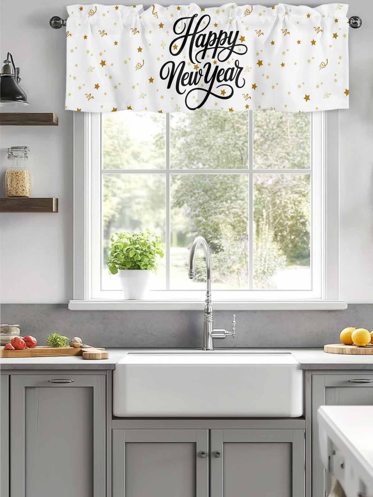 Curtain Valances for Kitchen,Happy New Year Words Pattern Window ...
