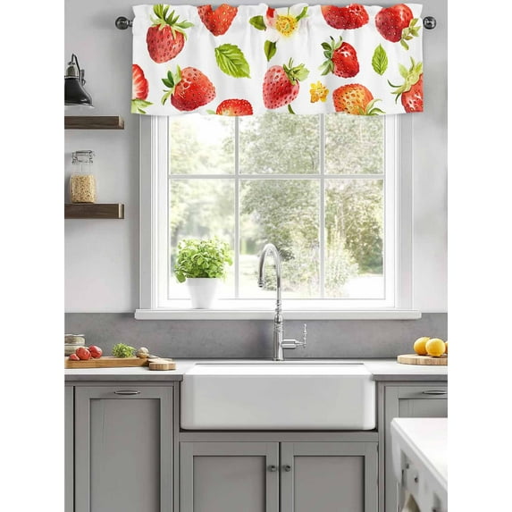 Curtain Valances for Kitchen,Red Strawberry Green Leaves Seamless ...