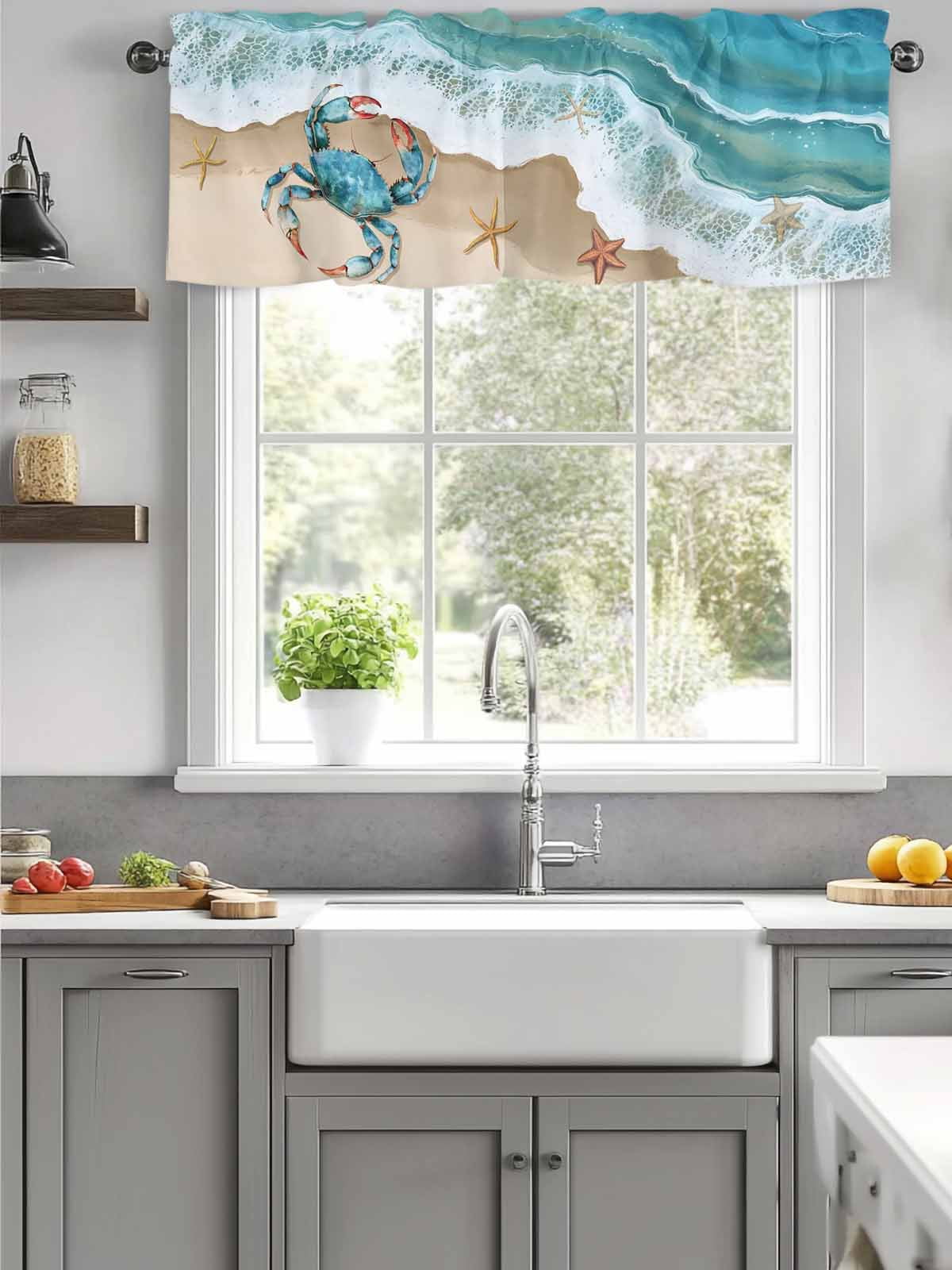 Curtain Valances for Kitchen,Summer Beach Crab Starfish Window Valance ...