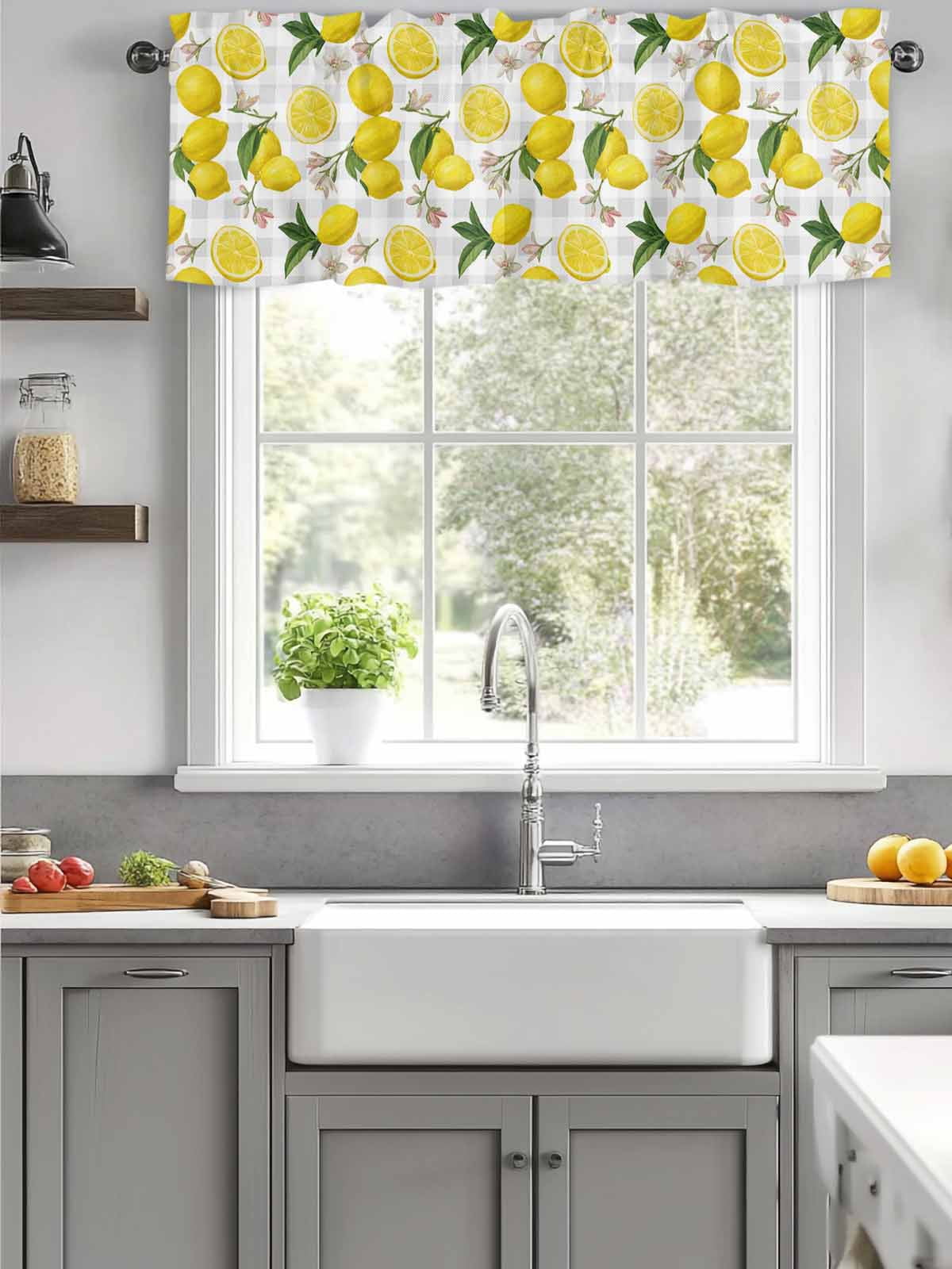Curtain Valances for Kitchen,Summer Lemon Flower Leaves Window Valance ...