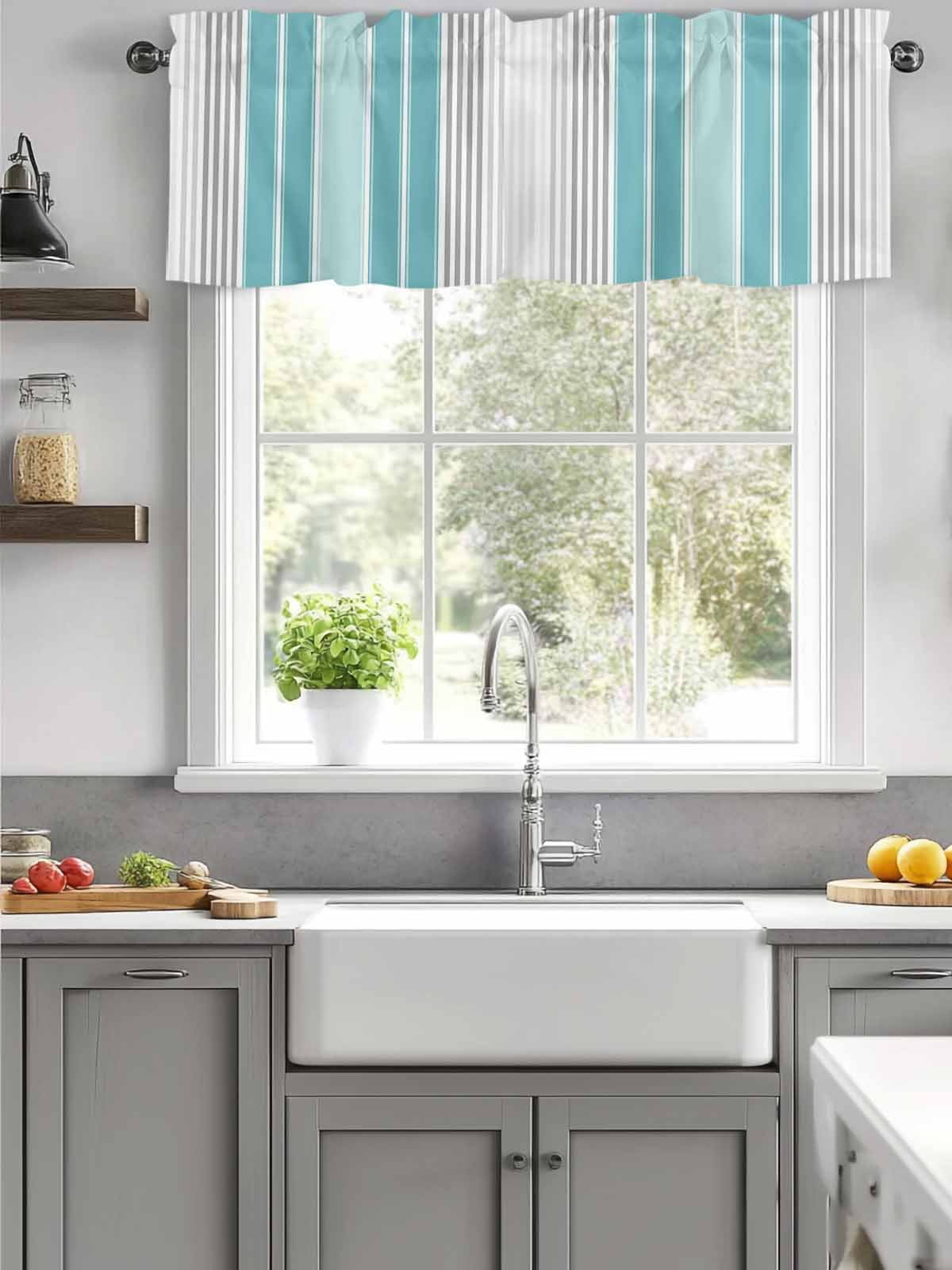 Curtain Valances for Kitchen,Teal Stripe Gray Line Window Valance 1 ...