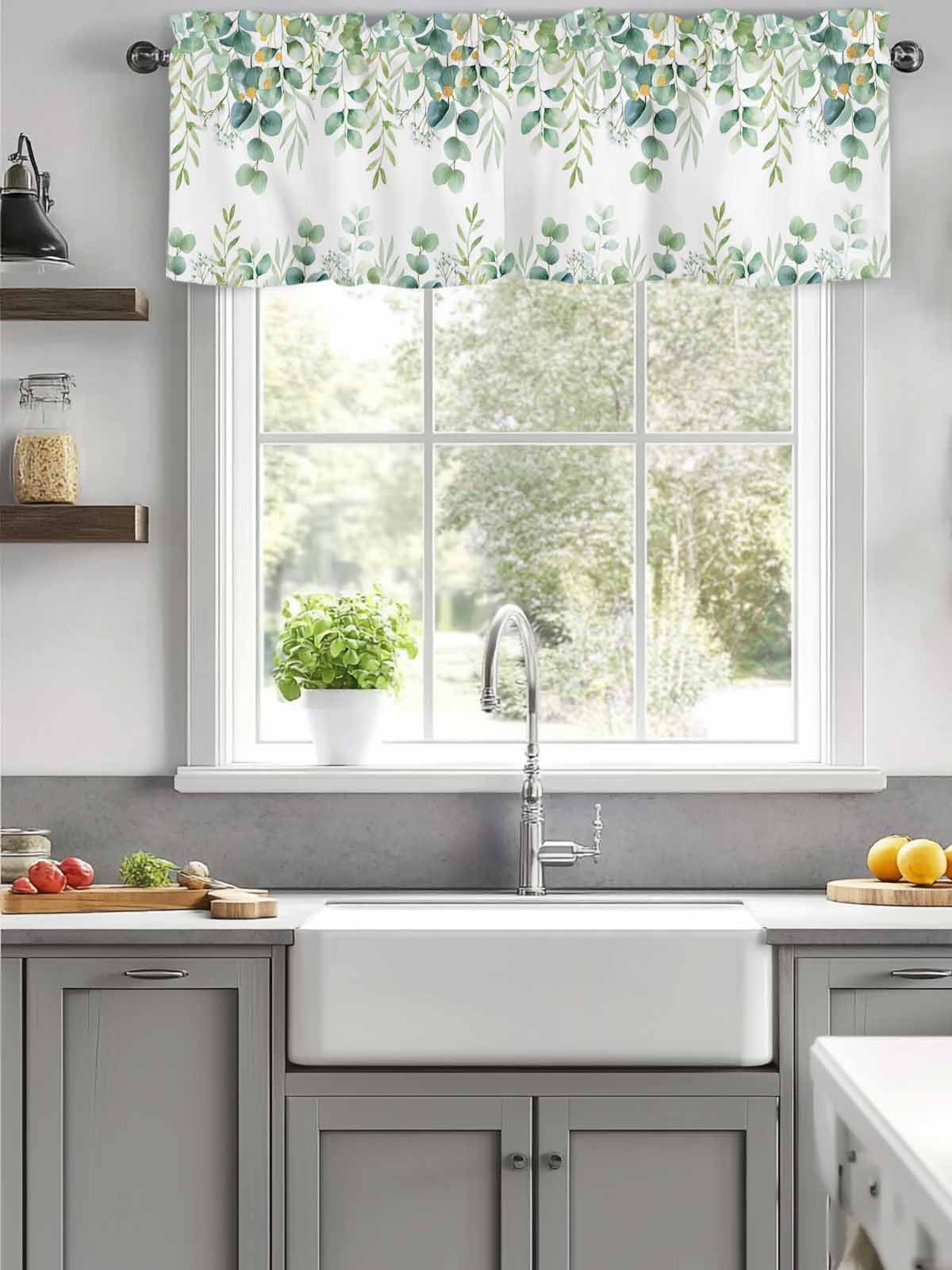 Curtain Valances for Kitchen,Watercolor Eucalyptus Leaves Floral Window ...
